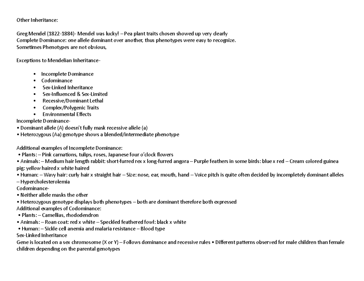 Other inheritance - notes - Other Inheritance: Greg Mendel (1822-1884 ...