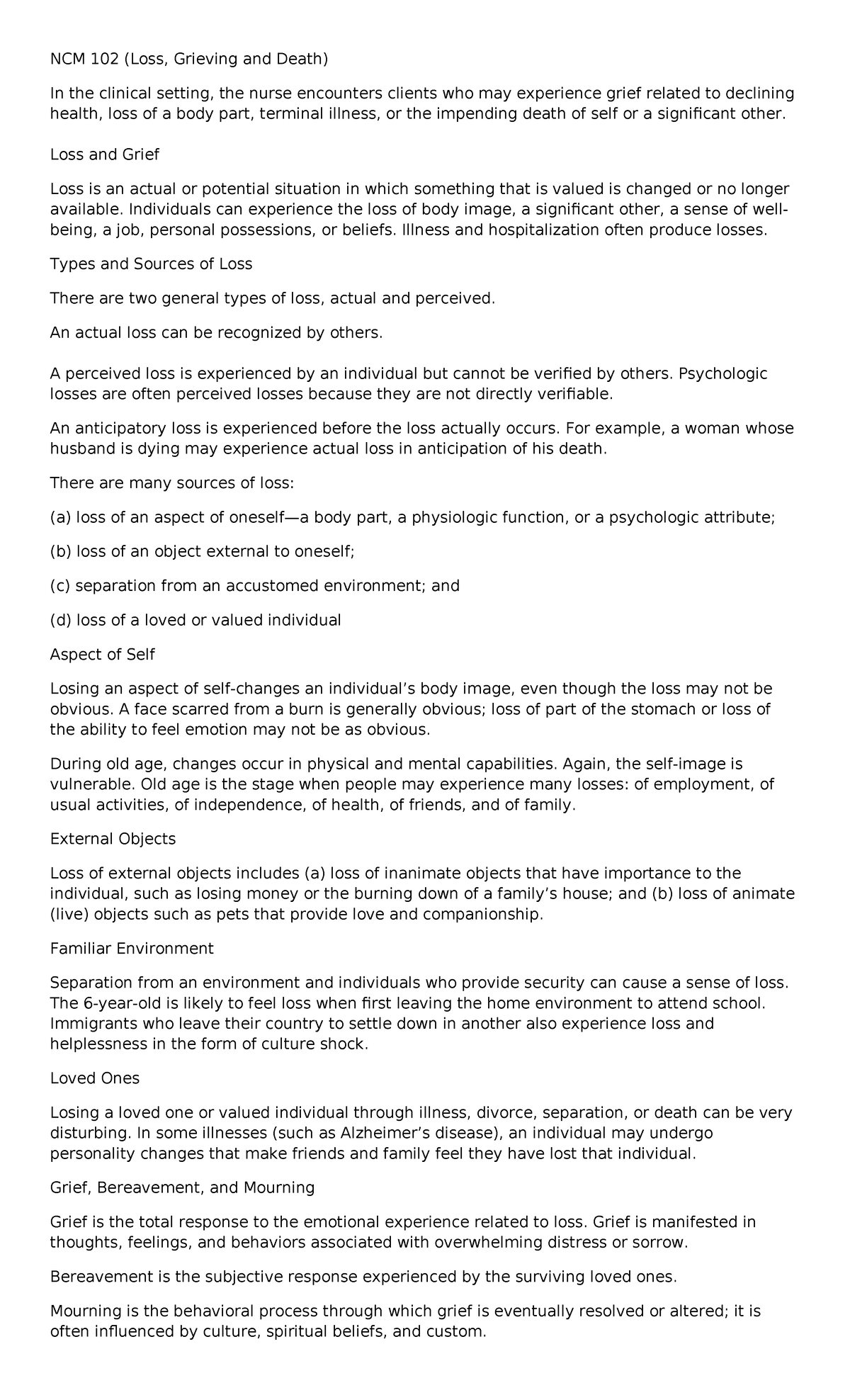 NCM 102 (Grief) - For Exam - NCM 102 (Loss, Grieving and Death) In the ...