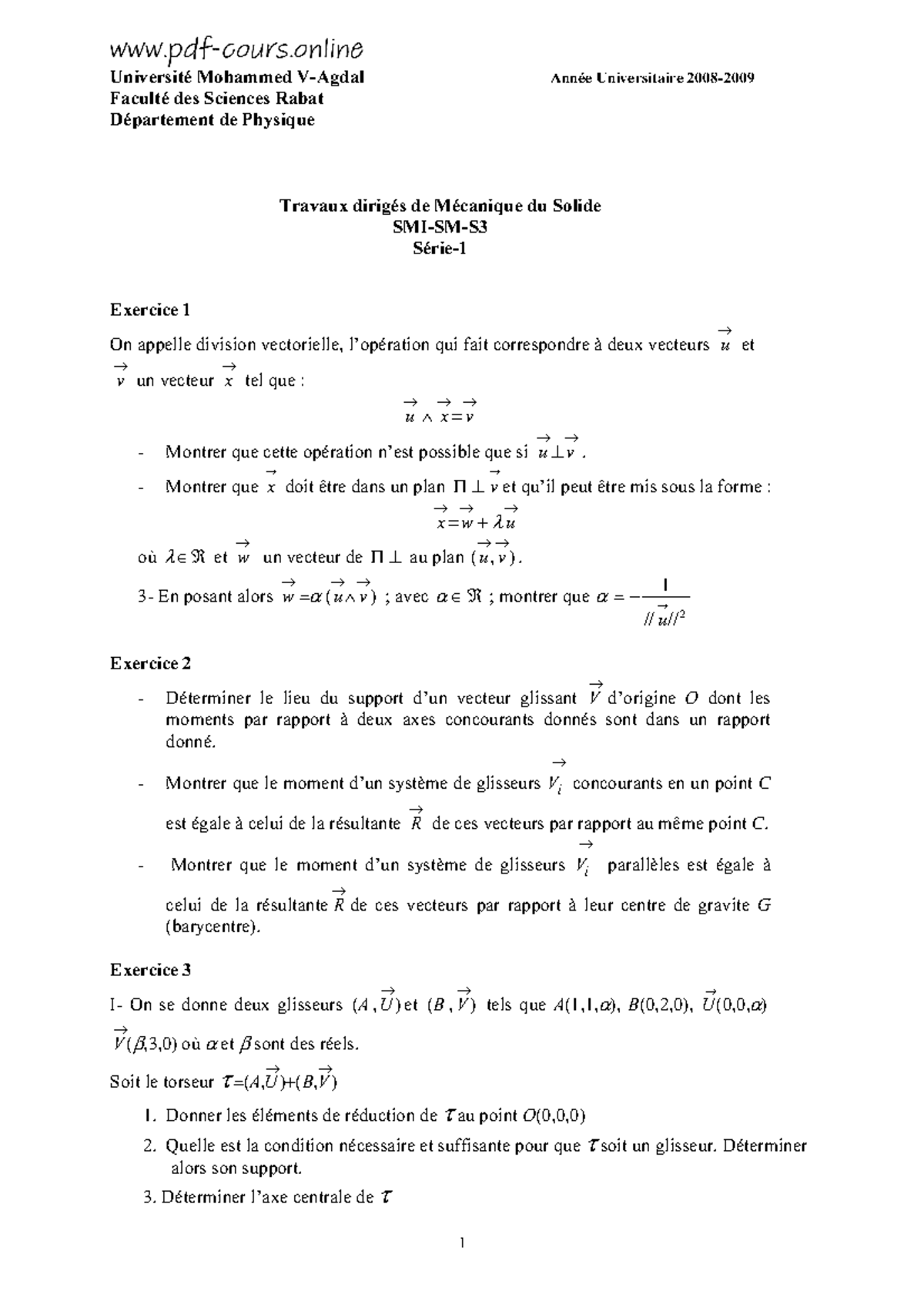 Serie 1-09 - 1 Université Mohammed V-Agdal Année Universitaire 2008 ...