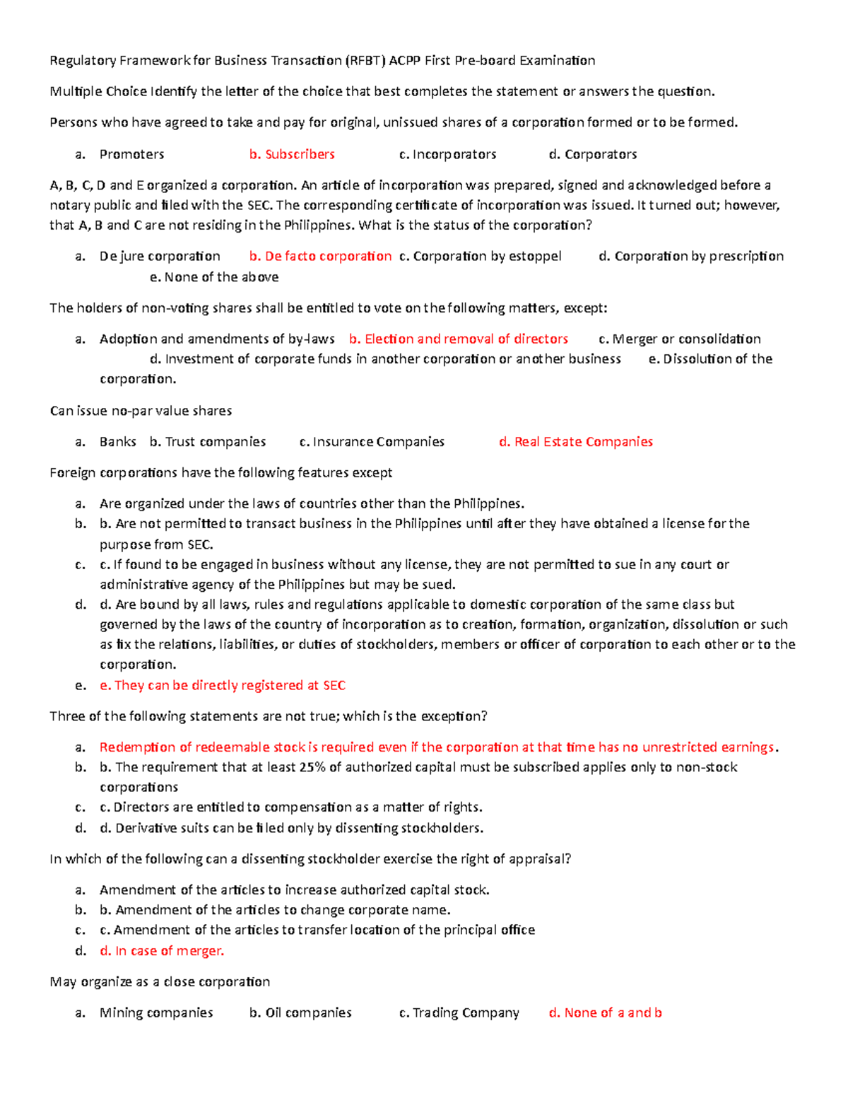 BLT Preboard and assessment - Regulatory Framework for Business Transaction (RFBT) ACPP First ...