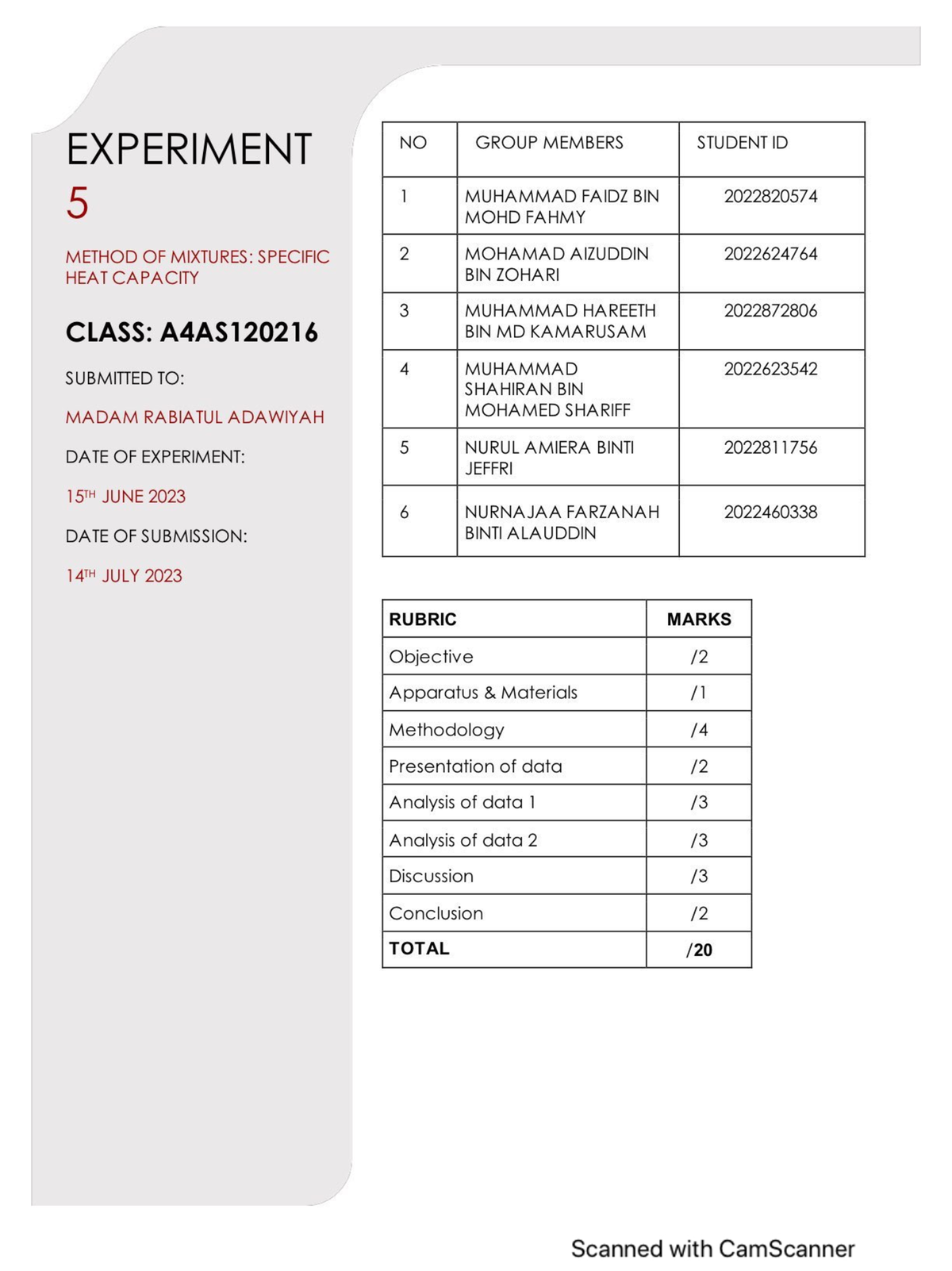 Group 4 Experiment 5 - phy210 - Mechanics and Thermal Physics - Studocu