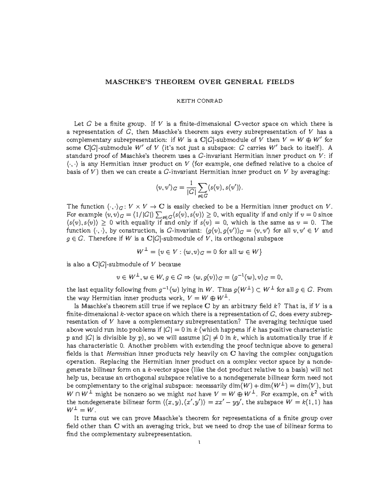 Maschke - NOTES FOR COURSE - MASCHKE’S THEOREM OVER GENERAL FIELDS ...