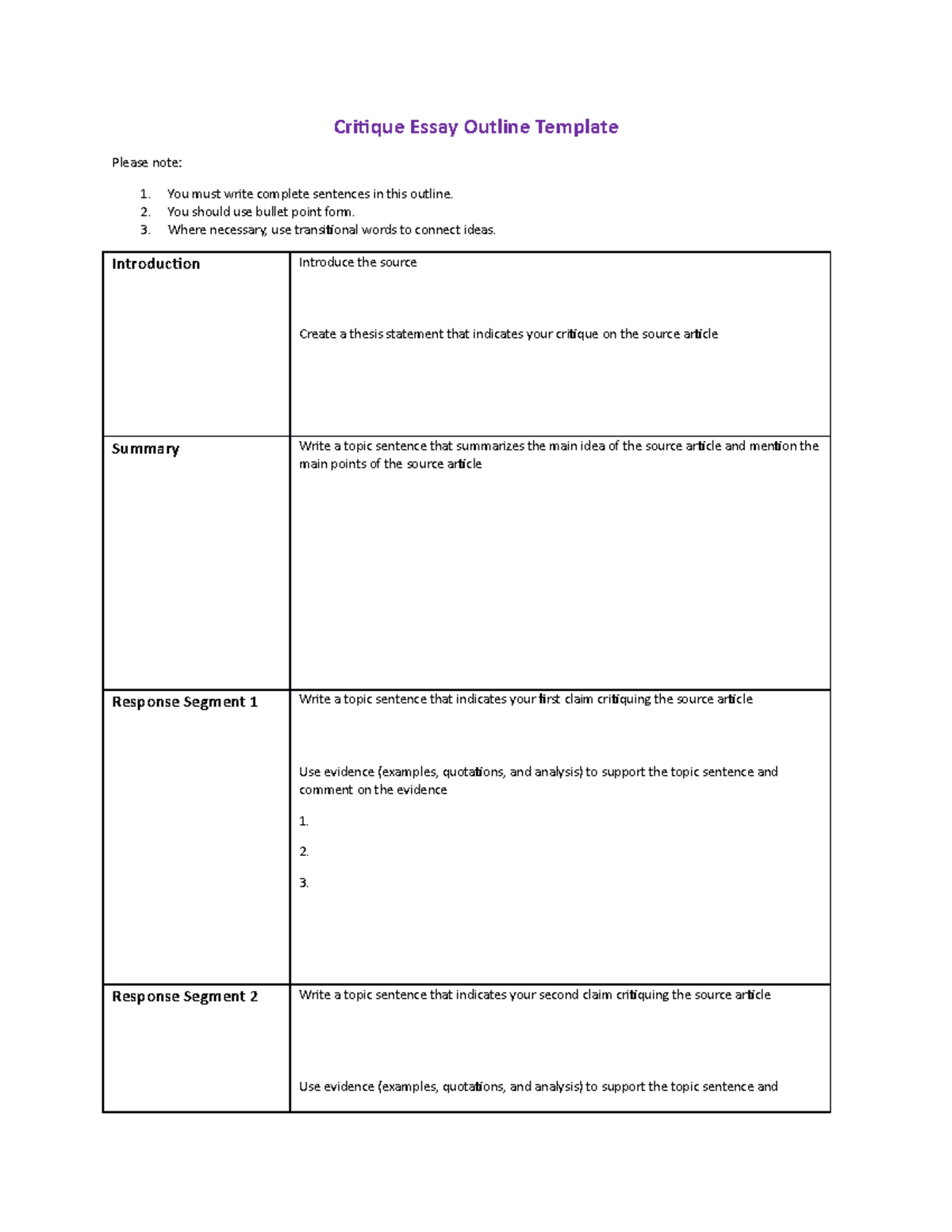 Critique Essay Outline Template - Critique Essay Outline Template ...