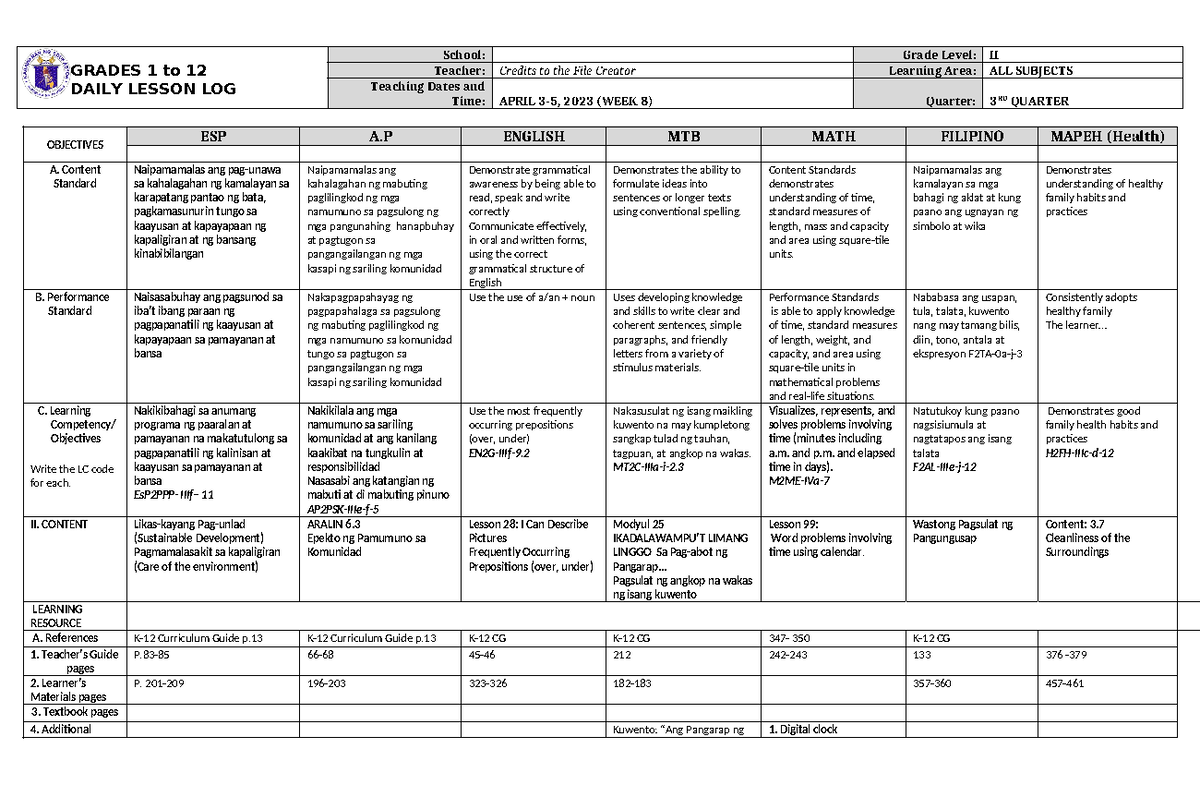 DLL ALL Subjects 2 Q3 W8 D2 - GRADES 1 to 12 DAILY LESSON LOG School ...