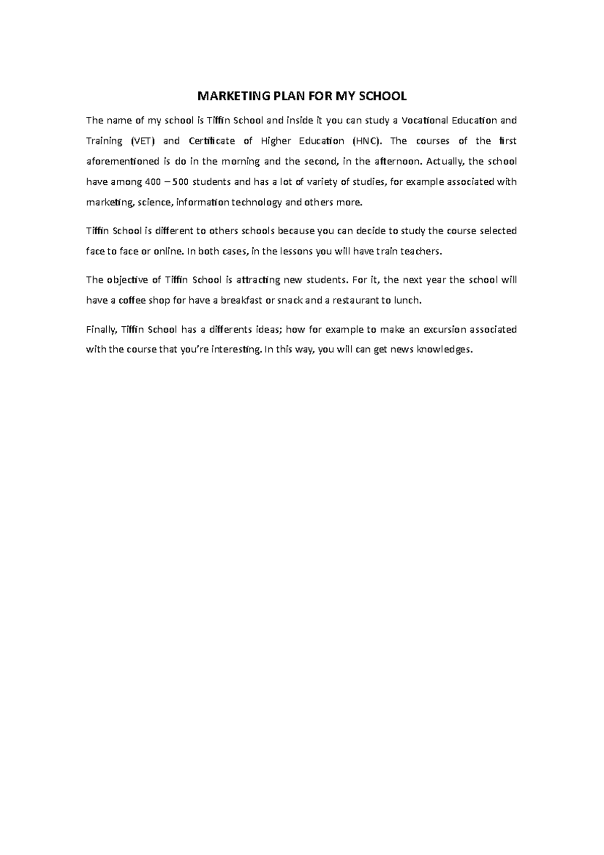 Marketing PLAN FOR MY School - Studocu