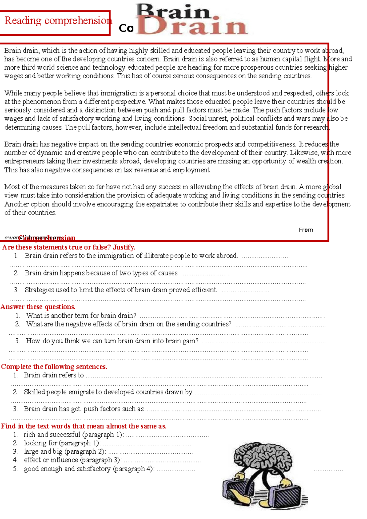 Brain-drain-reading-comprehension-exercises 72947 - Comprehension. U. 5 ...