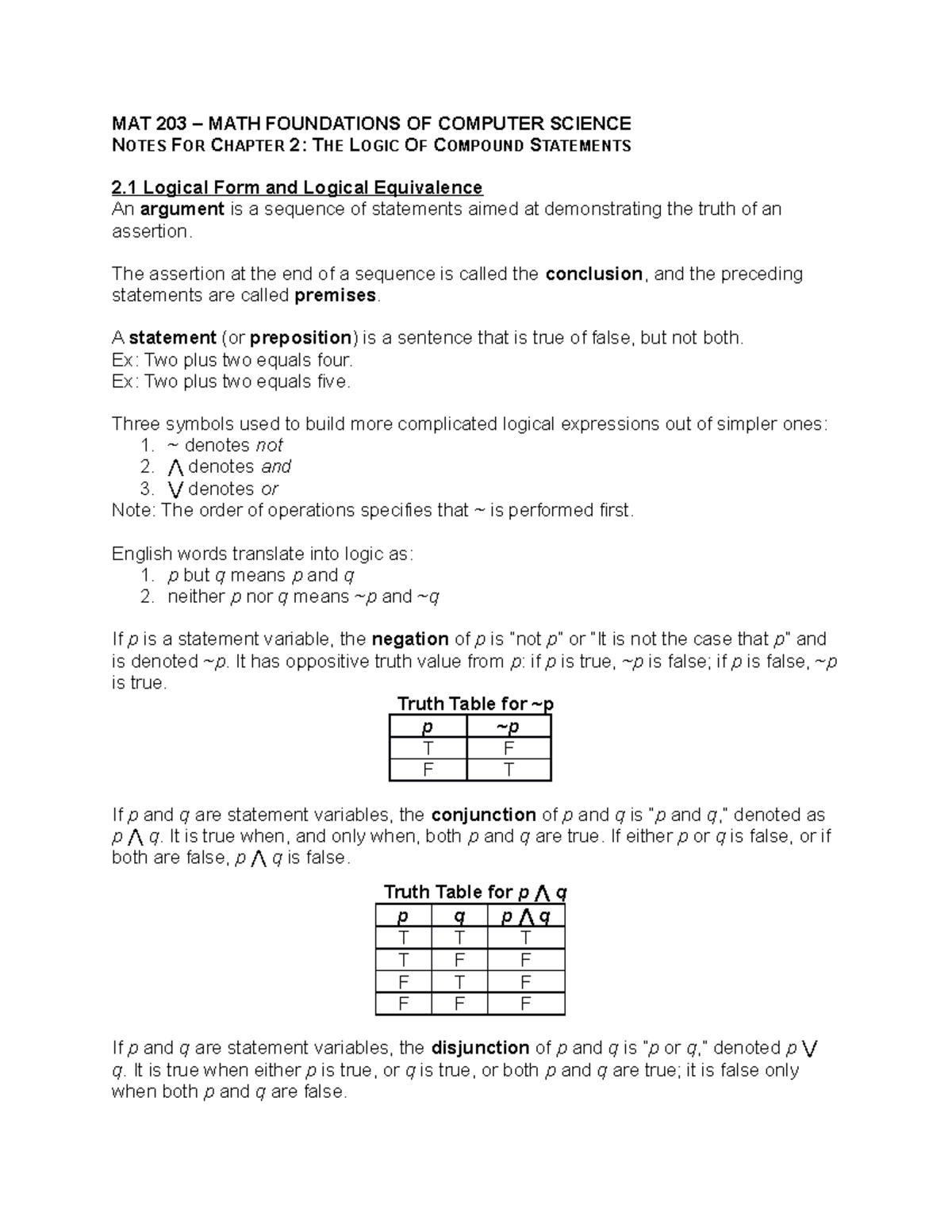 MAT203 Chapter 2 - The Logic of Compound Statements - MAT 203 – MATH ...