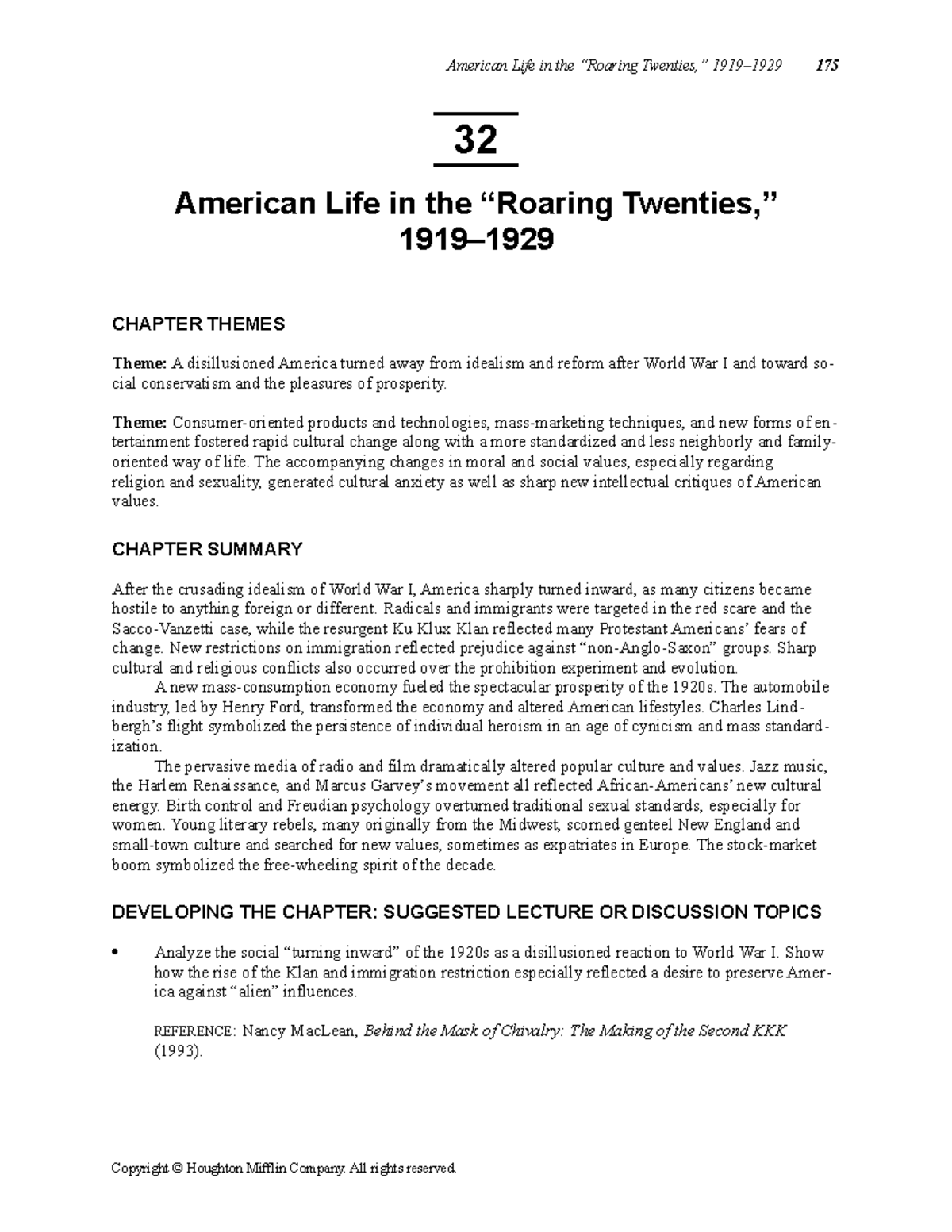 Ch32 - Lecture notes 32 - American Life in the “Roaring Twenties,” 1919 ...