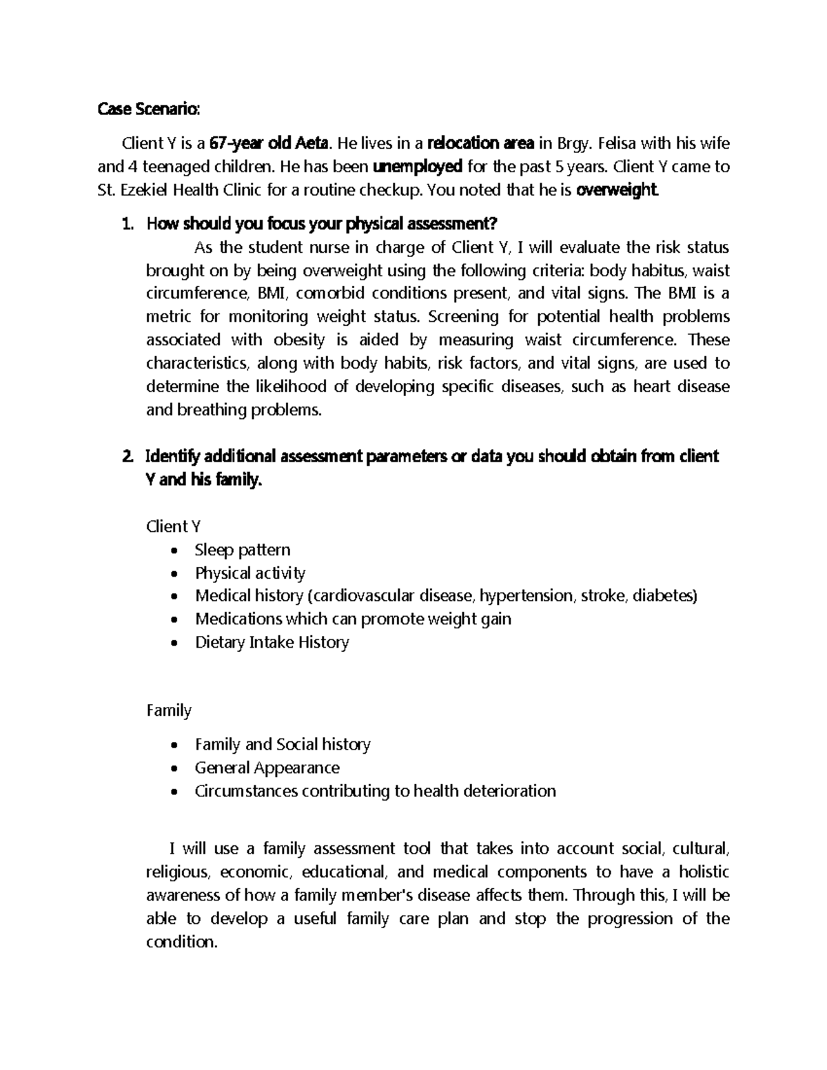 Elderly Family Health Concerns - Case Scenario: Client Y is a 67 - year ...