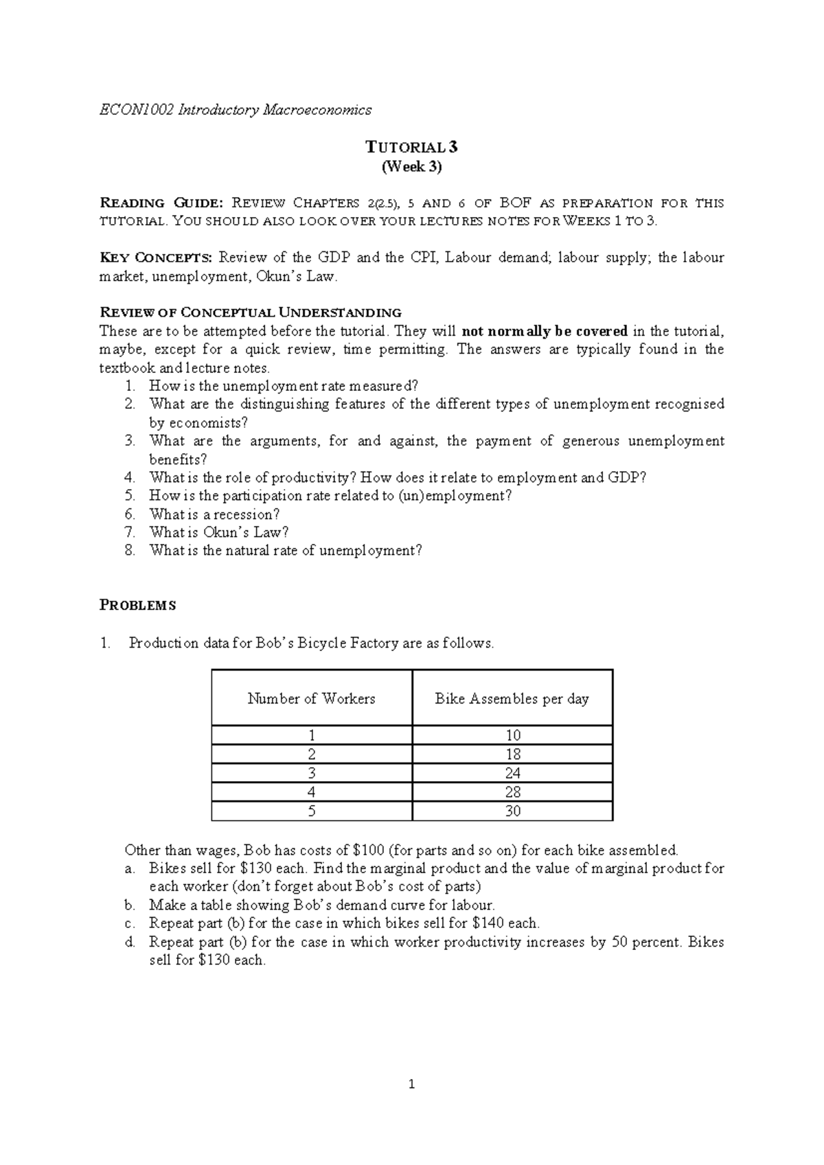 Tutorial 03 Questions - 1 ECON1002 Introductory Macroeconomics T UTORIAL 3 (Week 3 ) READING ...