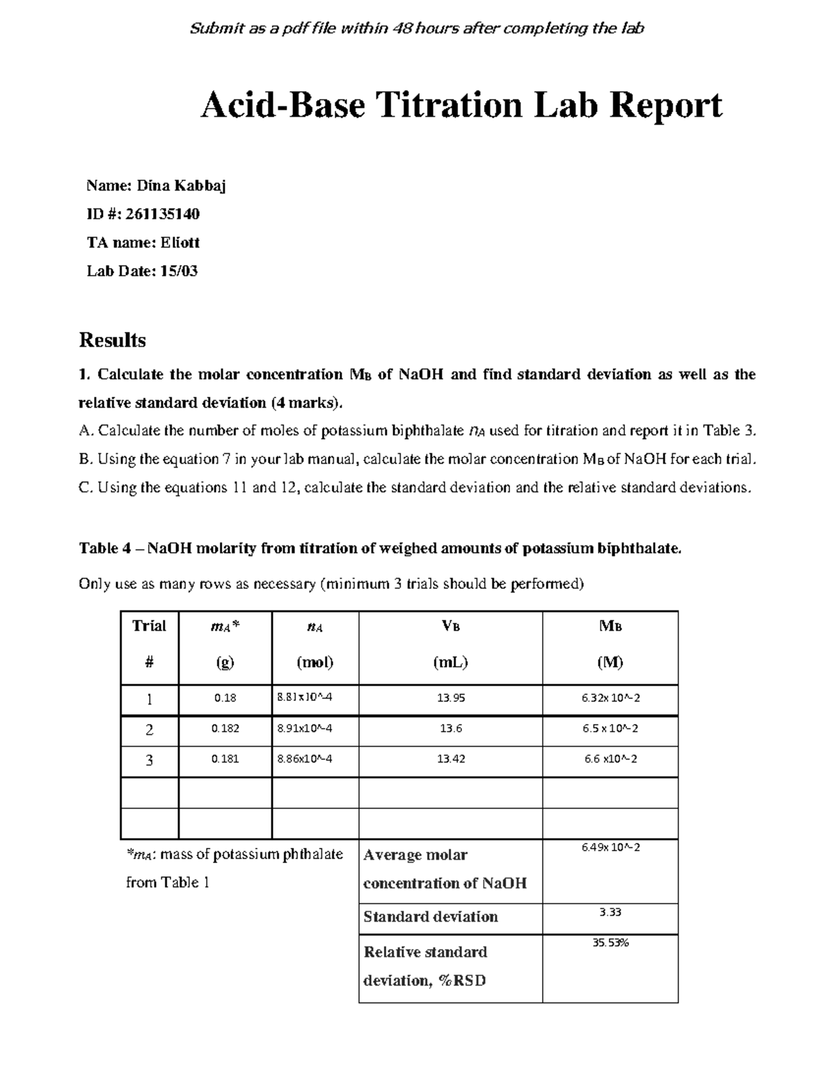 Acid-Base report template W2024 - Acid-Base Titration Lab Report Name ...
