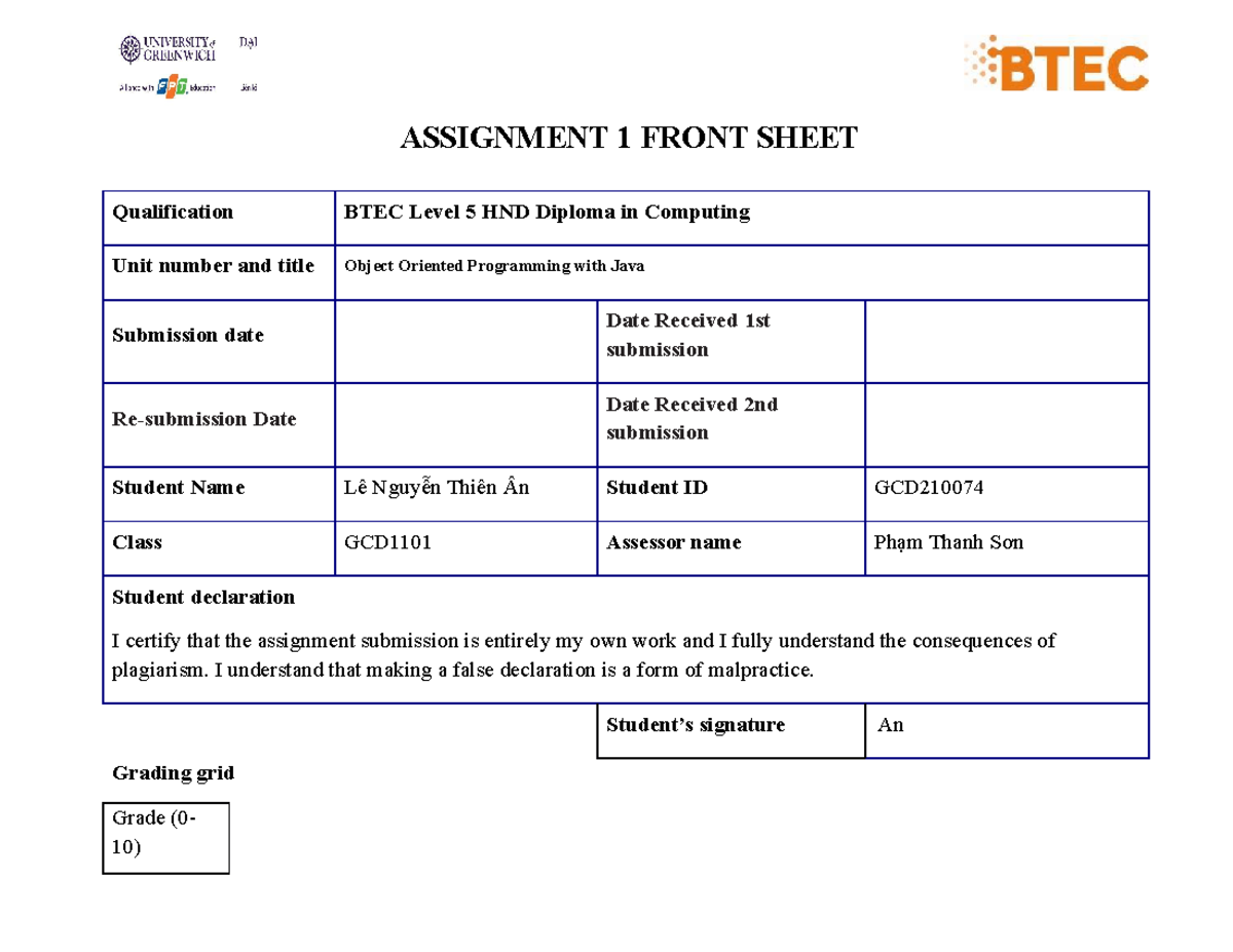 ASM-JAVA-Thiên Ân - wwwwwwwwww - ASSIGNMENT 1 FRONT SHEET Qualification BTEC Level 5 HND Diploma ...