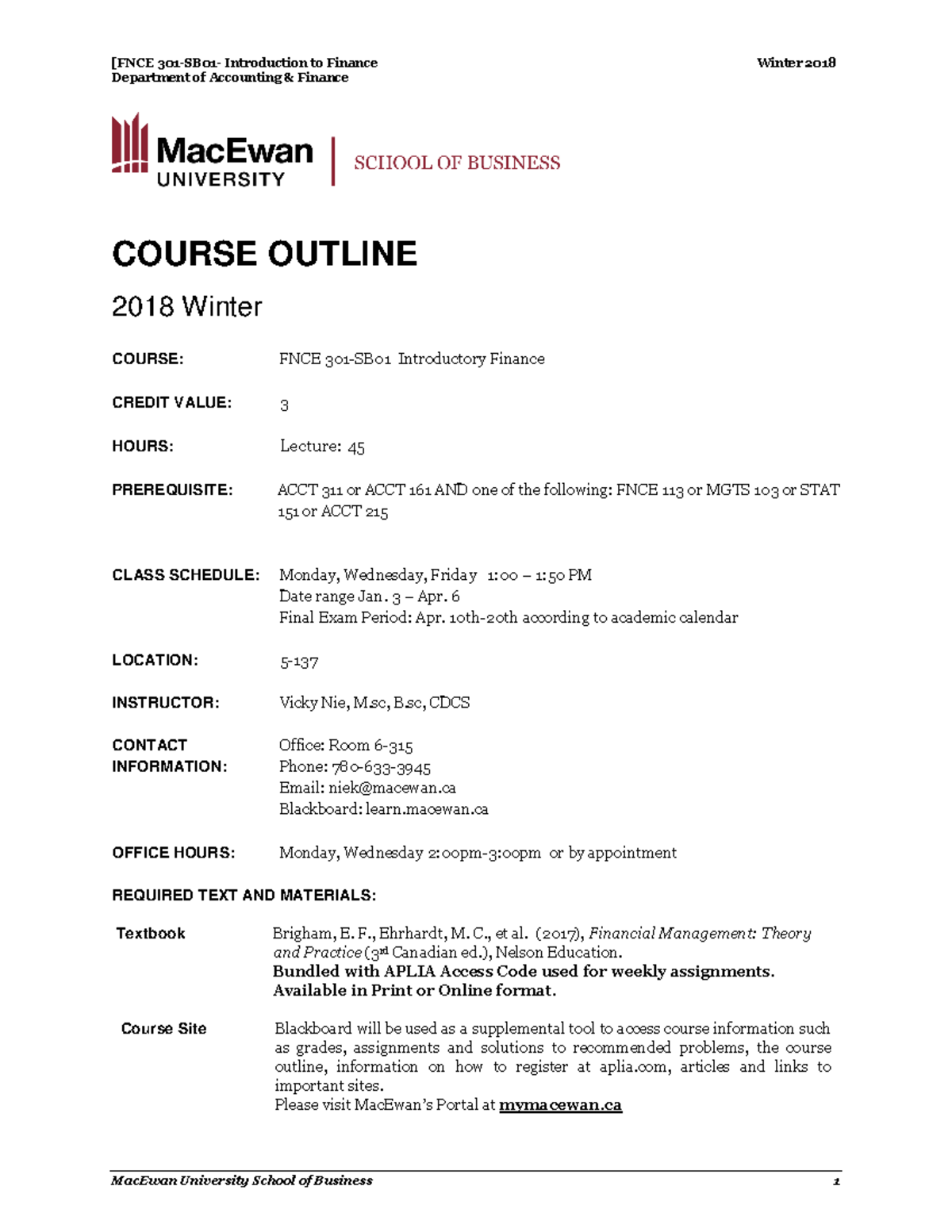 FNCE 301-SB01 (1) - Course Outline - Department of Accounting & Finance ...