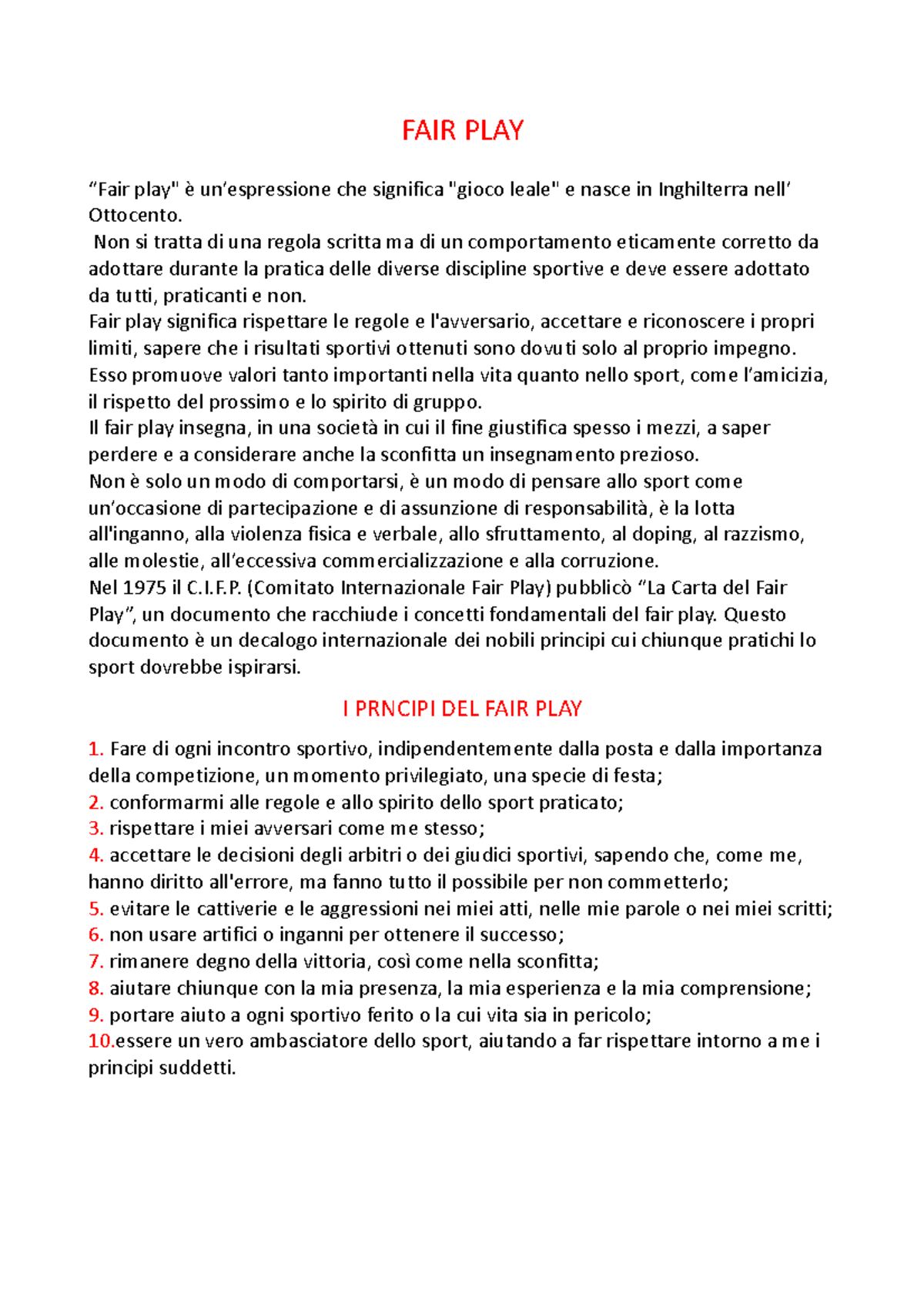 Fair play - relazione il fair play - FAIR PLAY “Fair play" è un’espressione che significa - Studocu