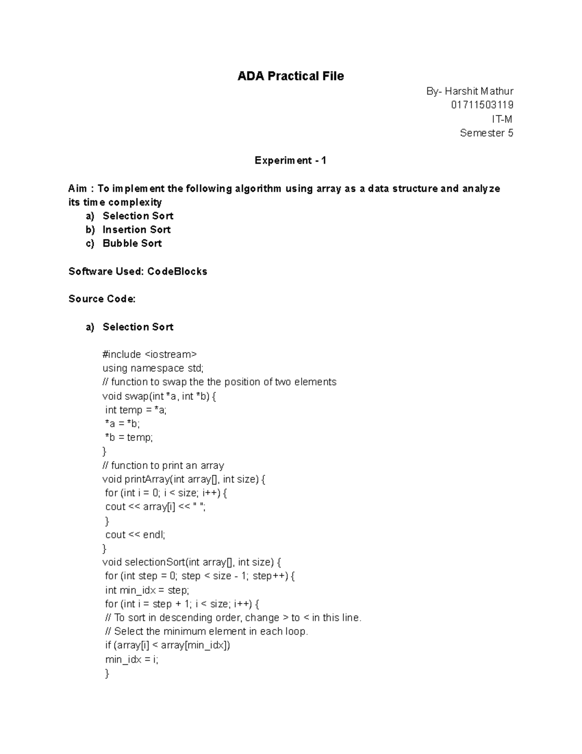 01711503119 Sem5 AADFull File - ADA Practical File By- Harshit Mathur ...