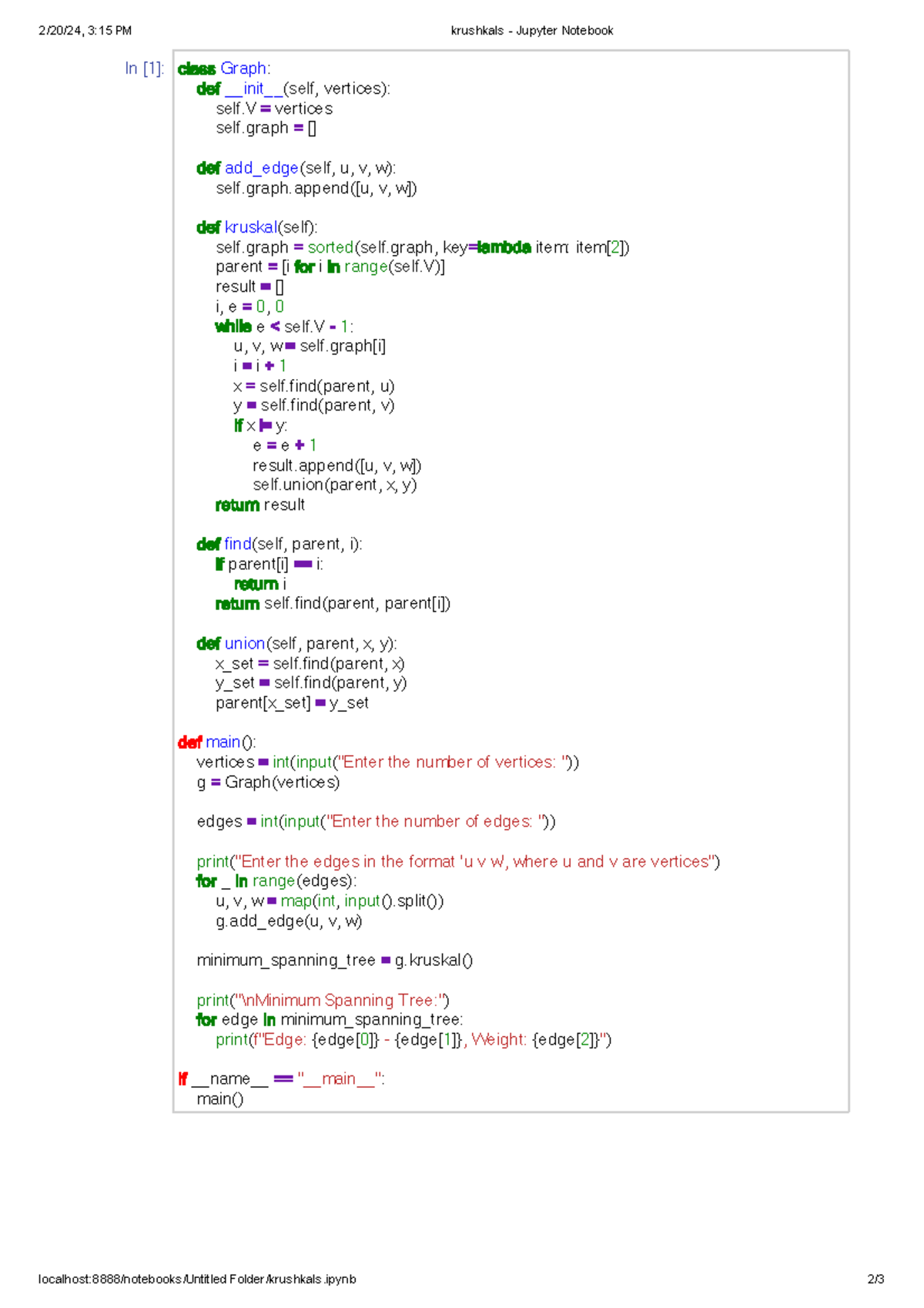 Krushkal algorithm - 2/20/24, 3:15 PM krushkals - Jupyter Notebook ...