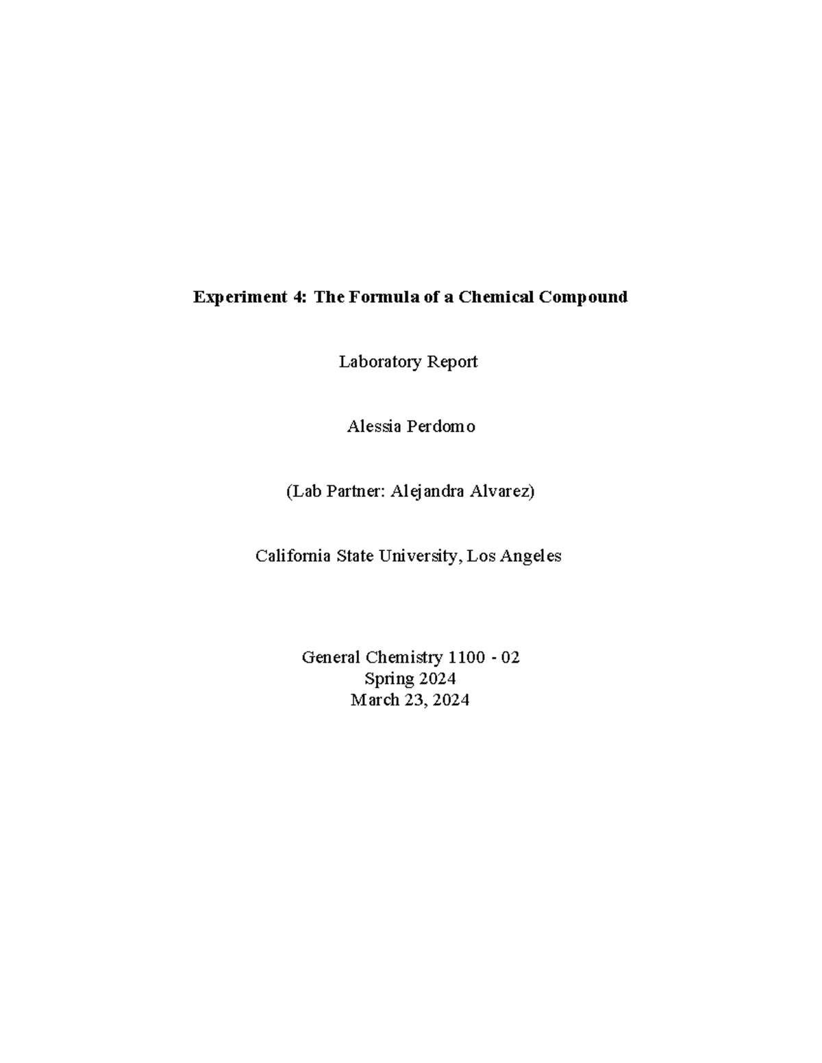 Exp 4 Post-lab - Post lab work - Experiment 4: The Formula of a ...