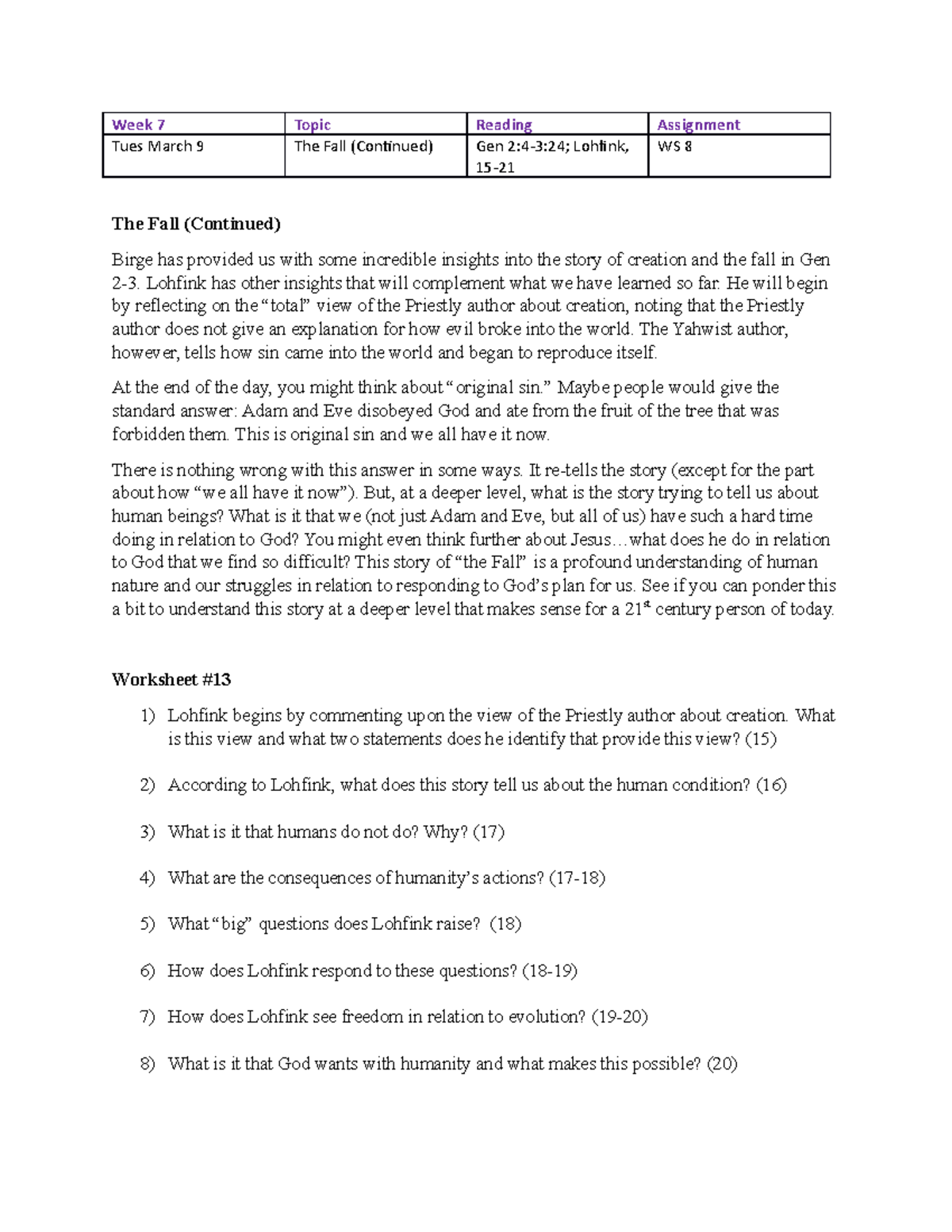 Found Theo Worksheet #8 Mar 9-The Fall cont - Week 7 Topic Reading ...