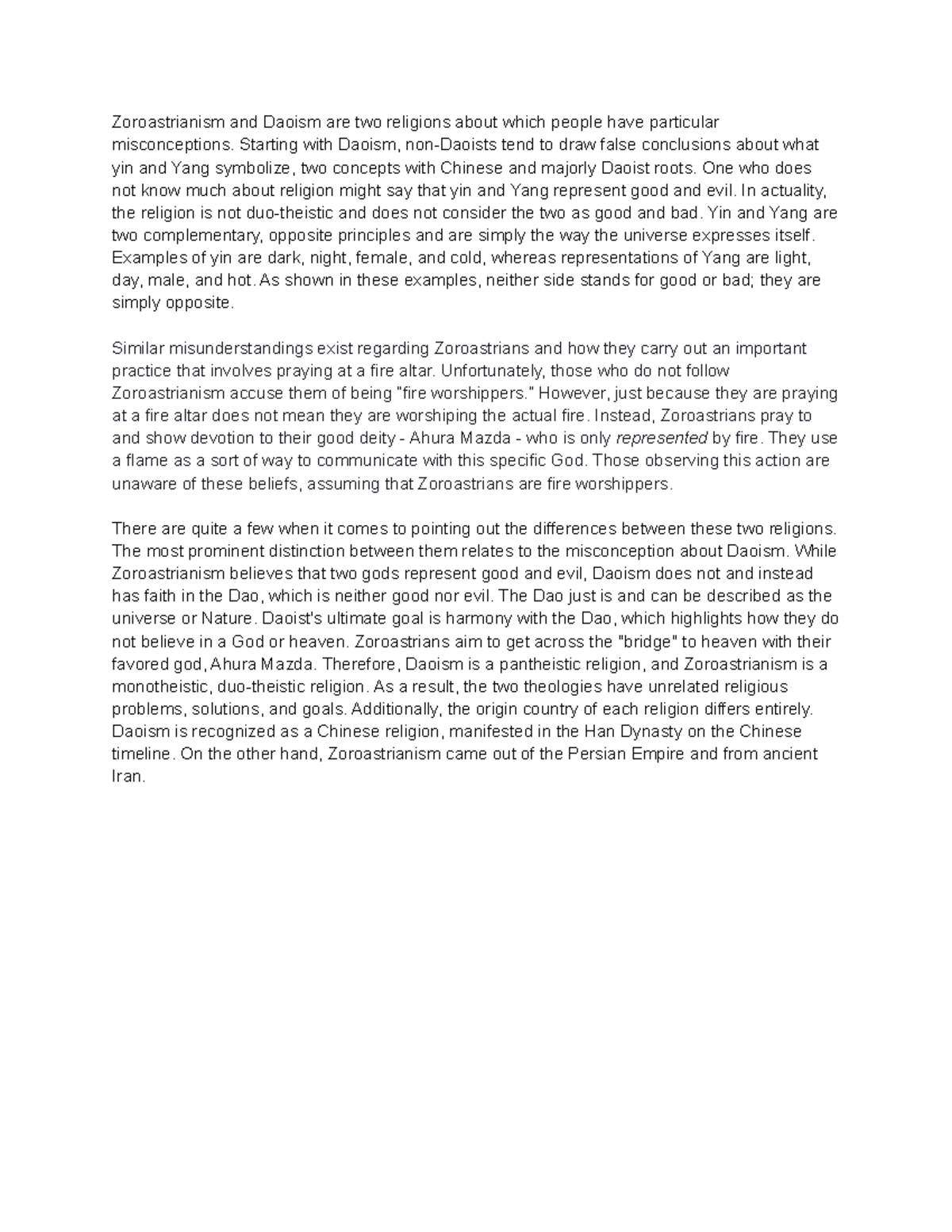 Zoroastrianism and Doaism Essay 5 - World Religions - Zoroastrianism ...