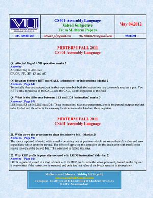 CS401 Short Notes VUAnswer - Computer Architecture and Assembly ...