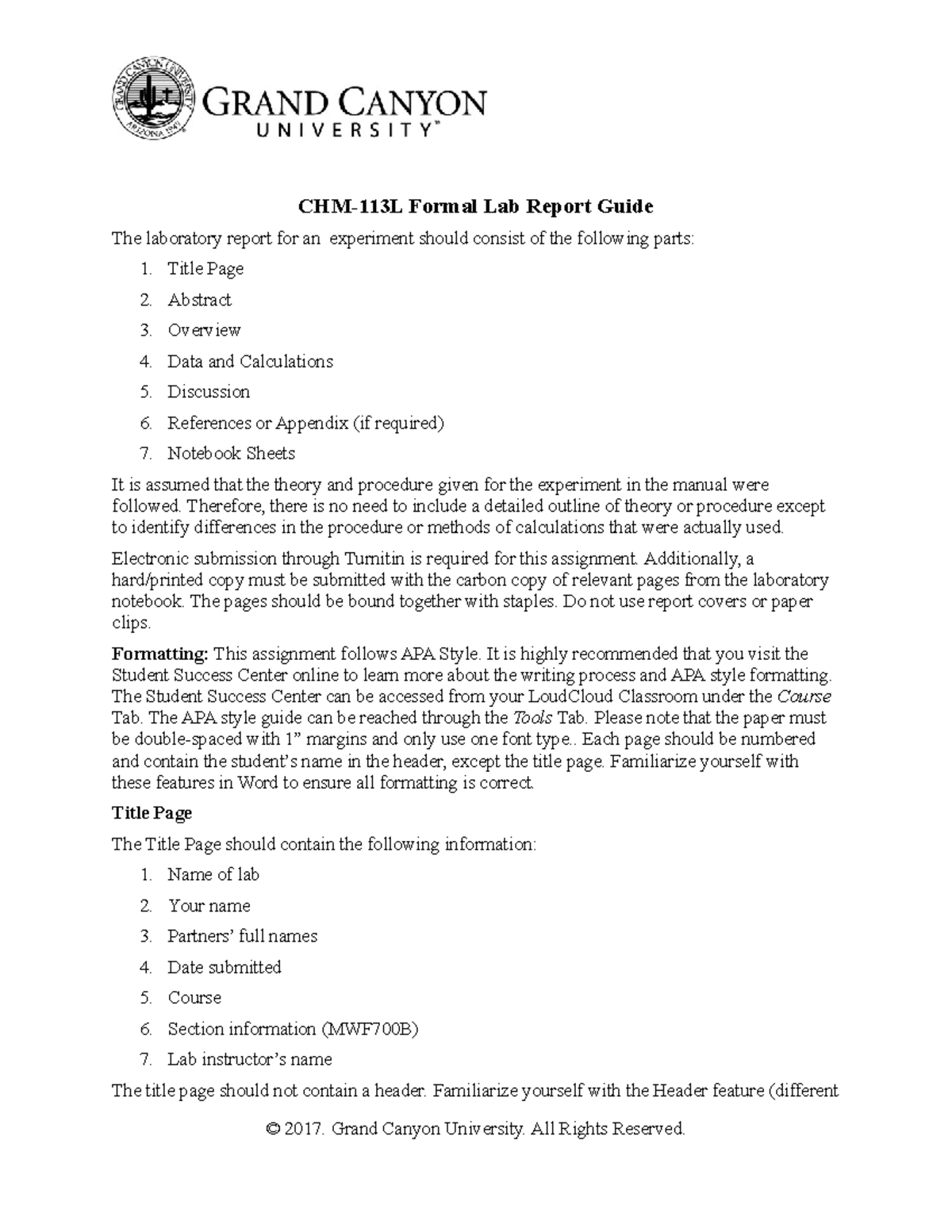 CHM 113L RS Formal Lab Report Guide - CHM-113L Formal Lab Report Guide The laboratory report for ...