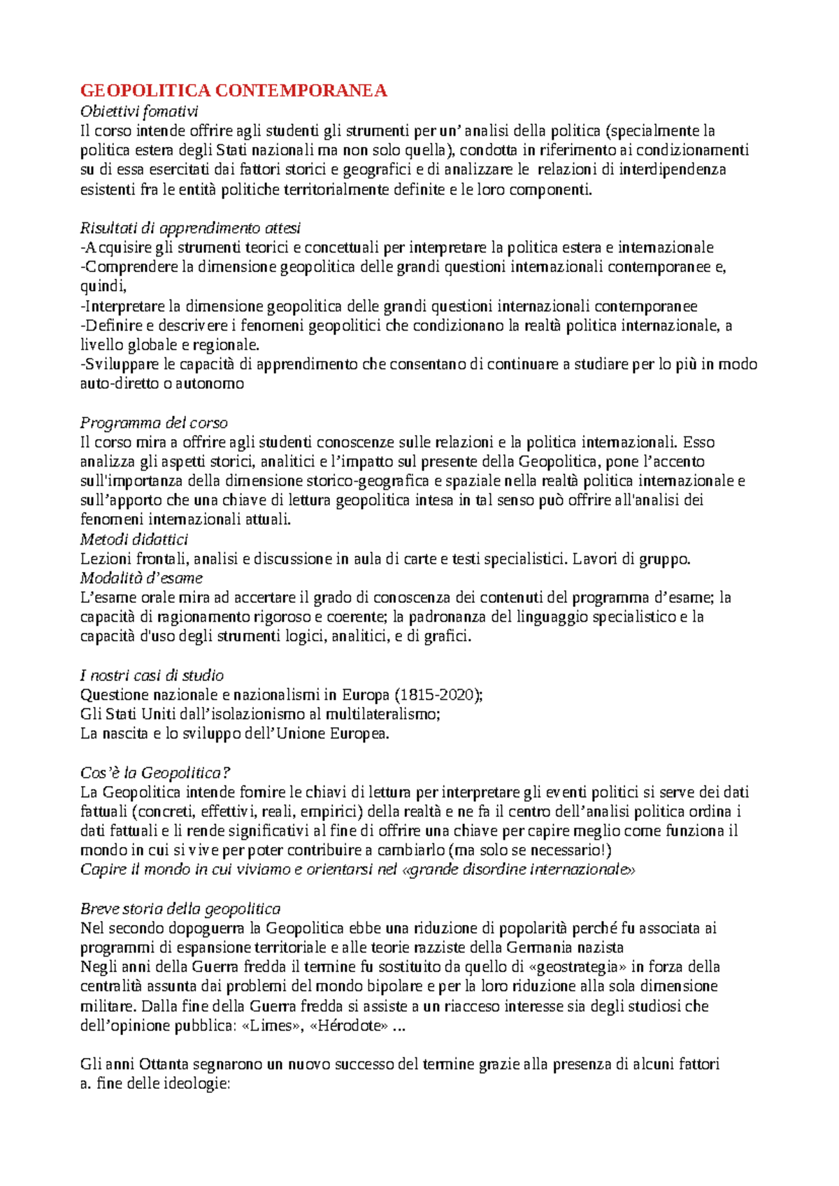 Geopolitica Contemporanea - GEOPOLITICA CONTEMPORANEA Obiettivi ...
