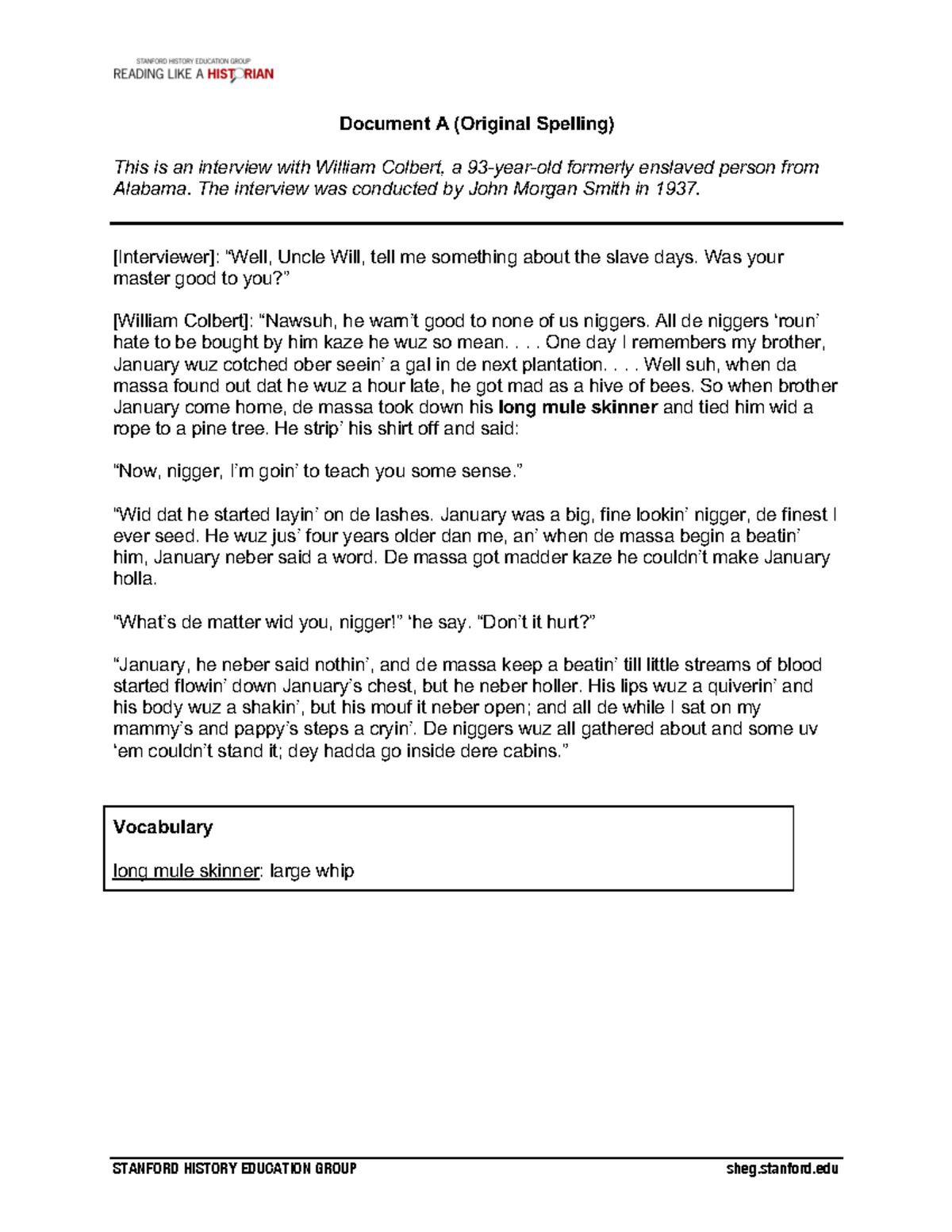 Slavery Narratives Student Materials (My Answers - Document A (Original ...