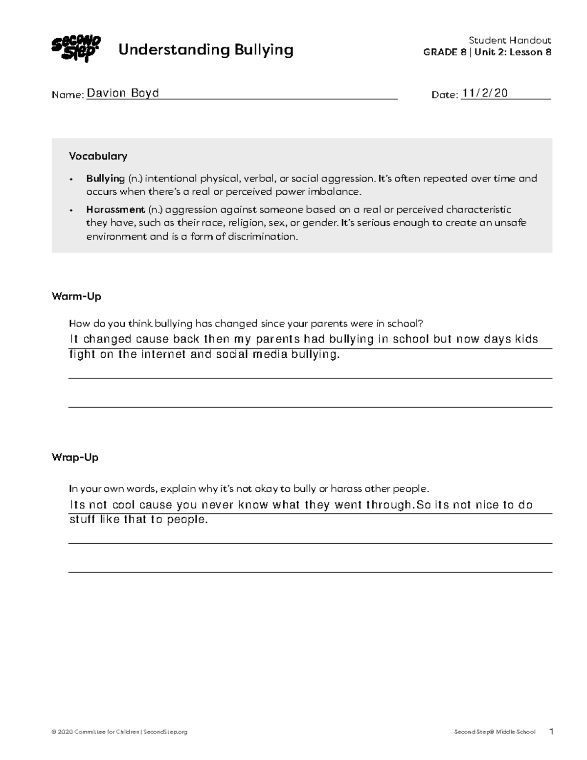 Ssms g8 u2 08 student handout - Understanding Bullying Student Handout ...