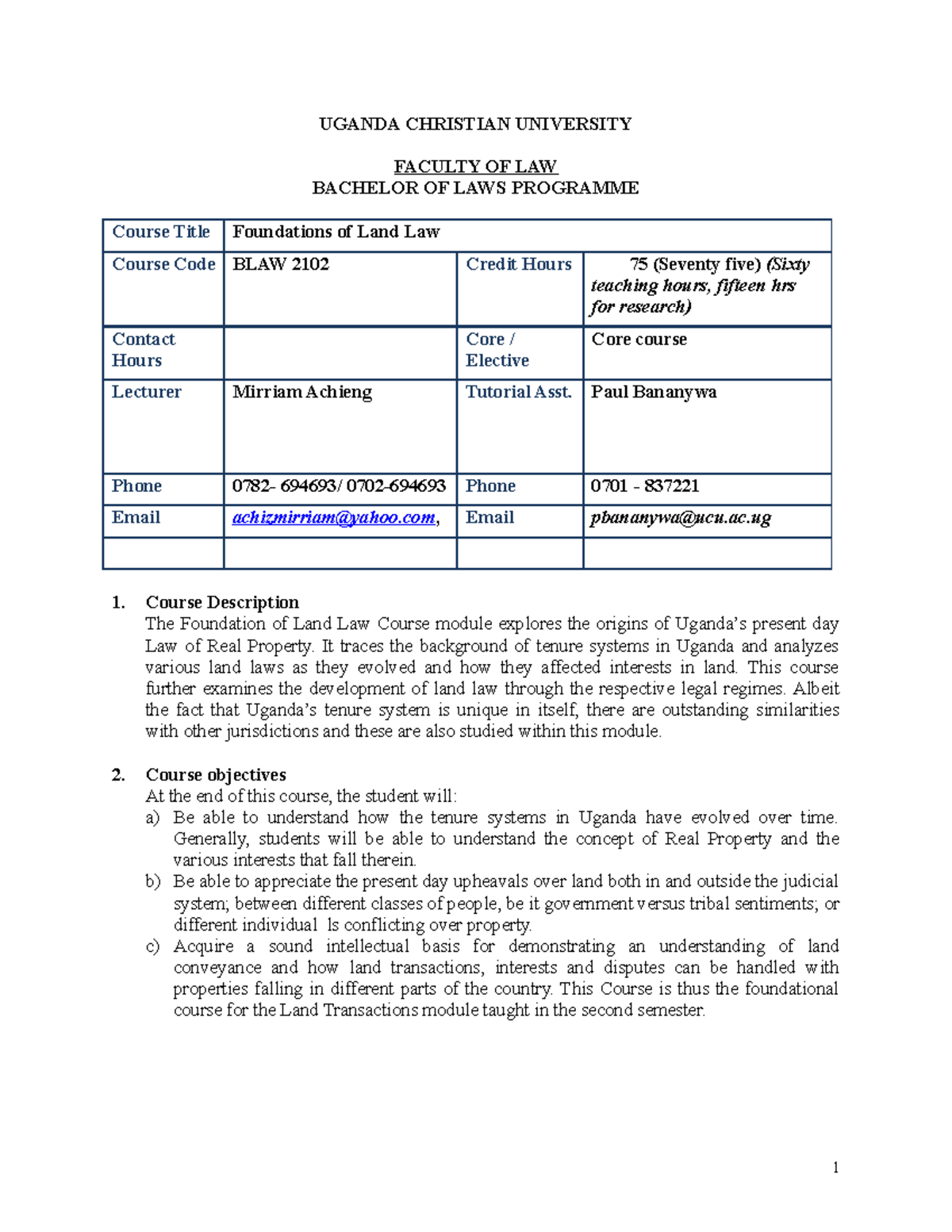 Course outline for Foundations of Land Law - 2021 - UGANDA CHRISTIAN ...