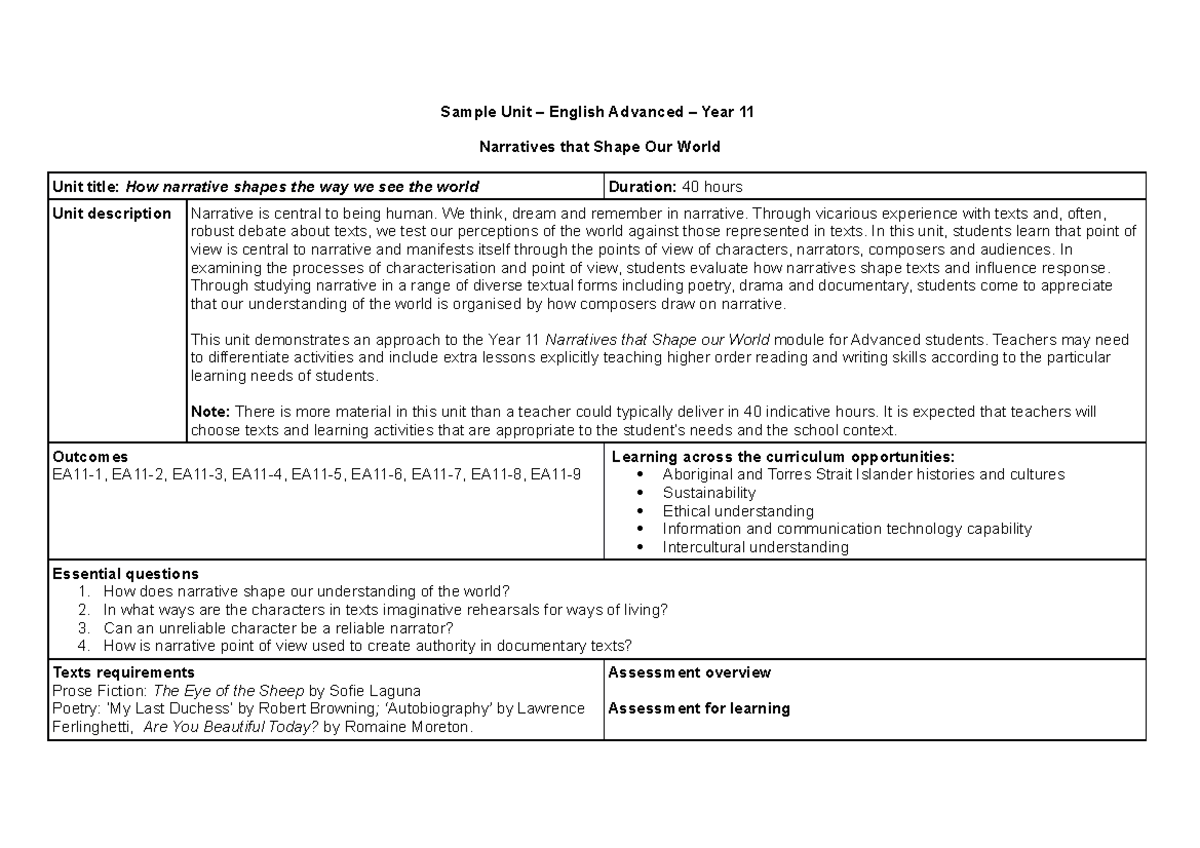English advanced yr 11 adv narratives that shape our world - Sample ...