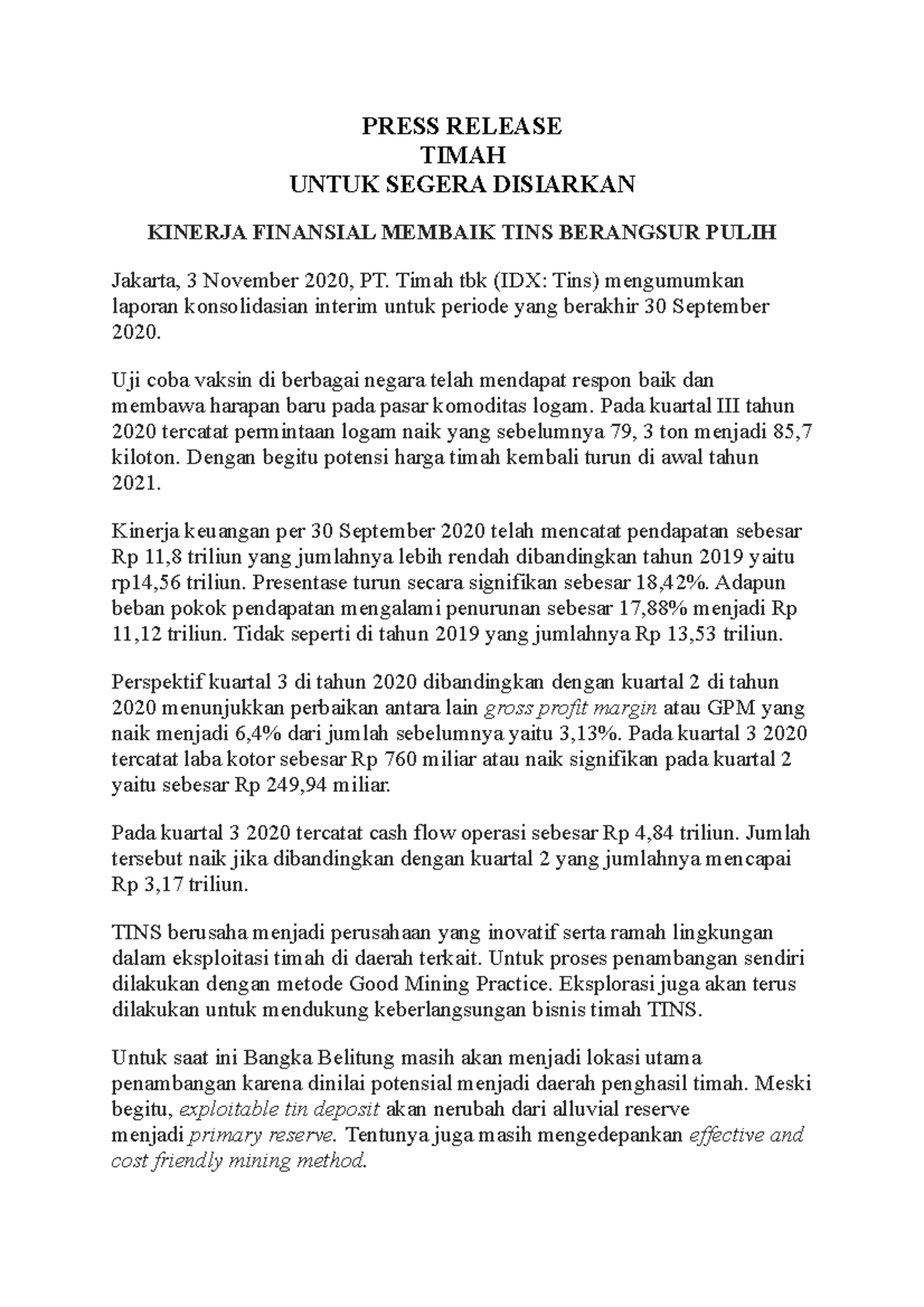 Contoh Press Release - PRESS RELEASE TIMAH UNTUK SEGERA DISIARKAN ...