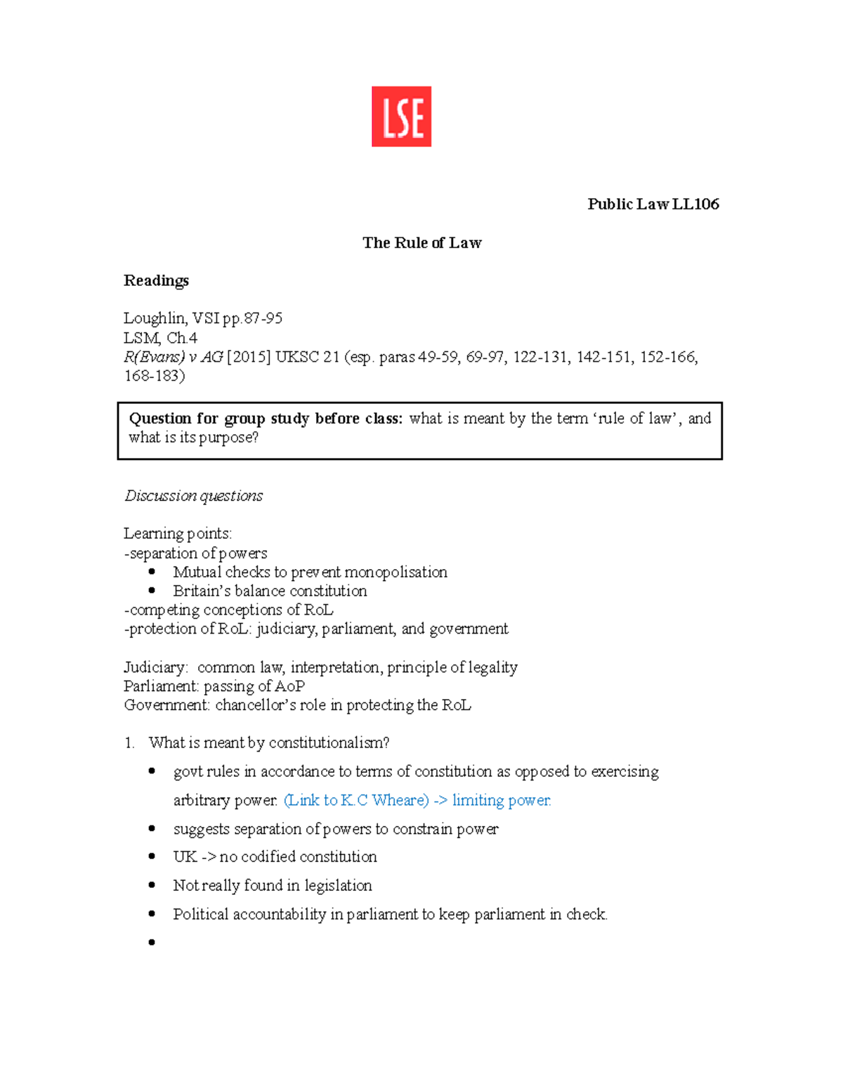 5 - Rule of Law - notes answering the questions discussed in the ...