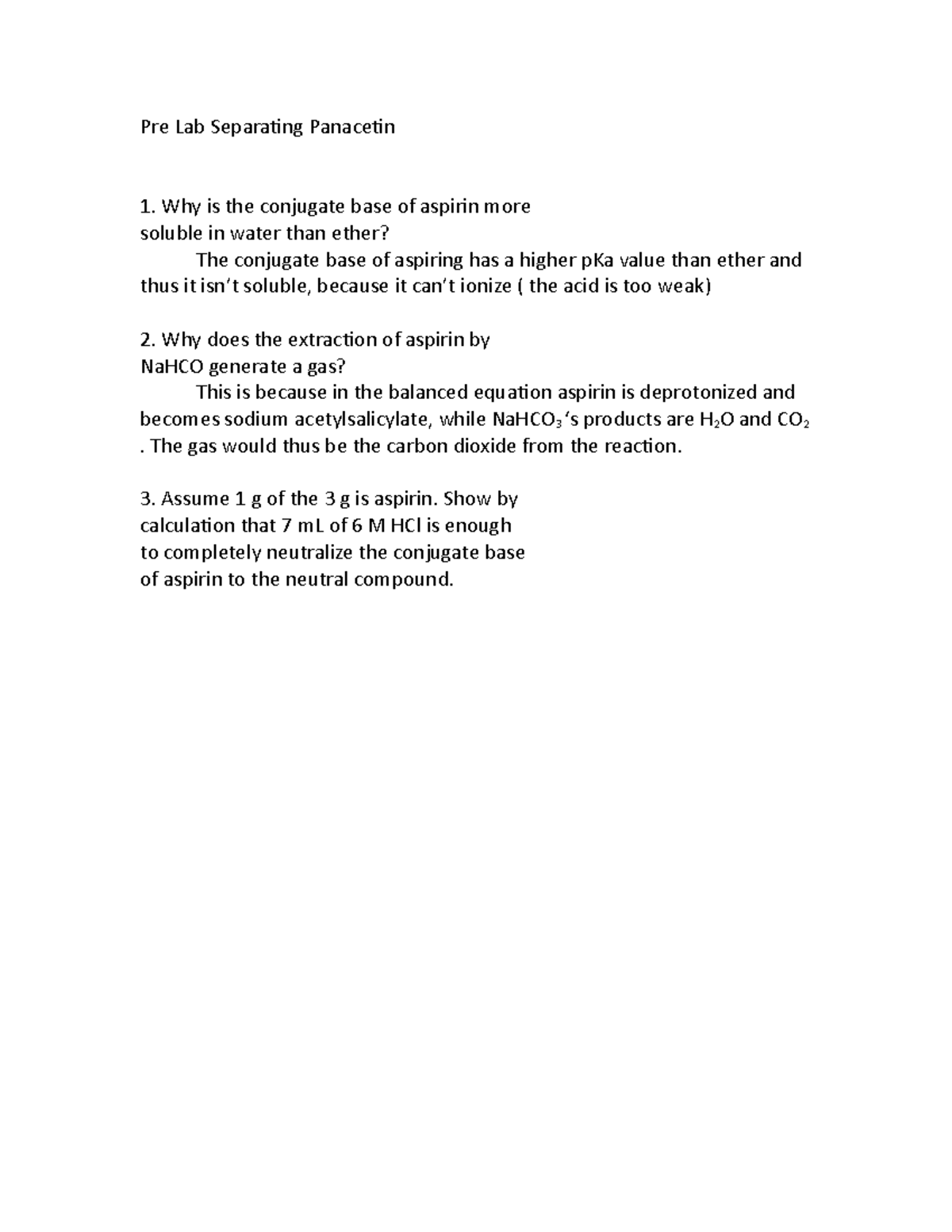 Pre Lab Panacetin Lab - lab report - Pre Lab Separating Panacetin 1 ...