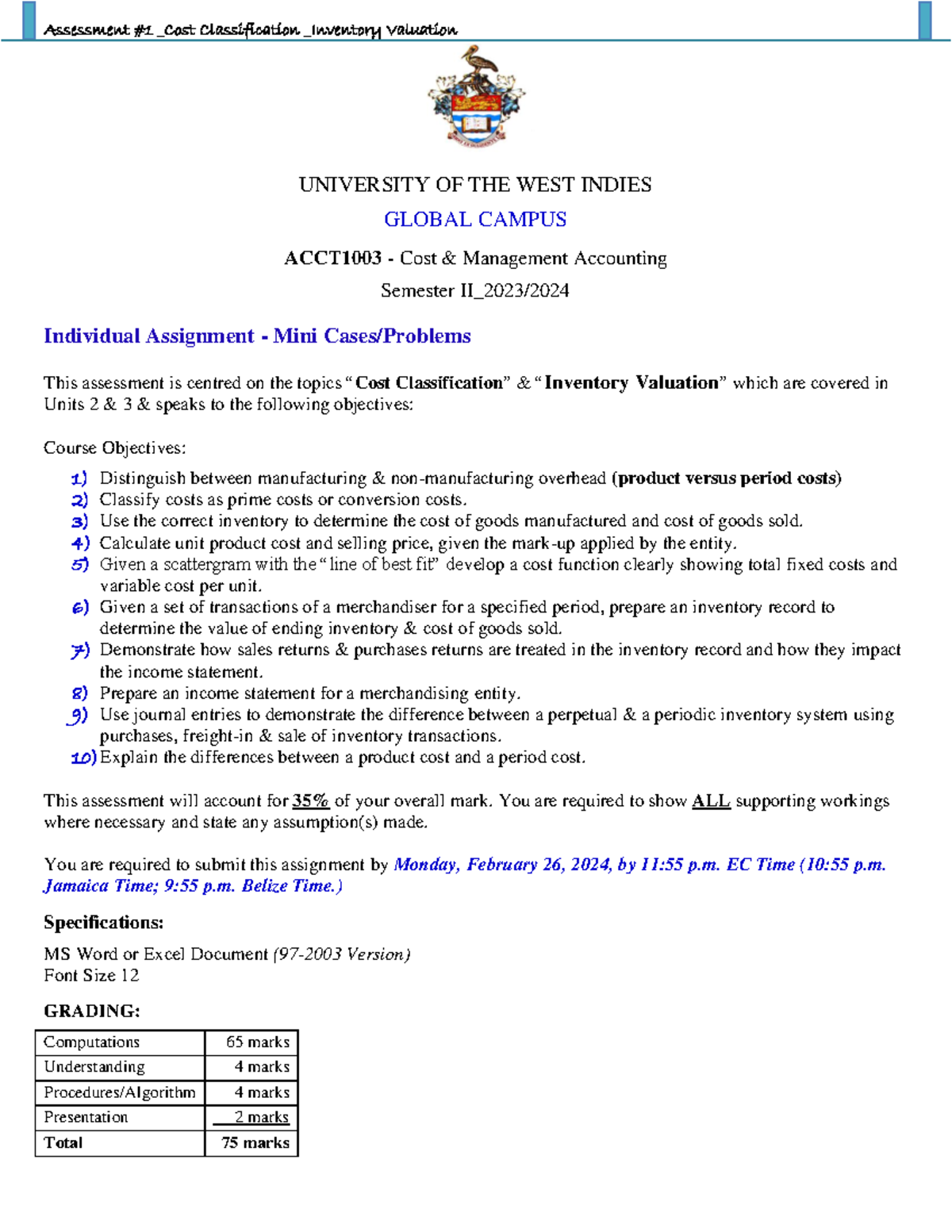Assignment #1 Individual Assignment - UNIVERSITY OF THE WEST INDIES ...