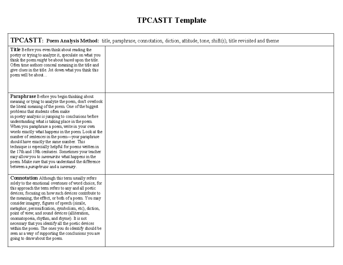 Tpcastt Template - no answer - TPCASTT Template TPCASTT: Poem Analysis ...