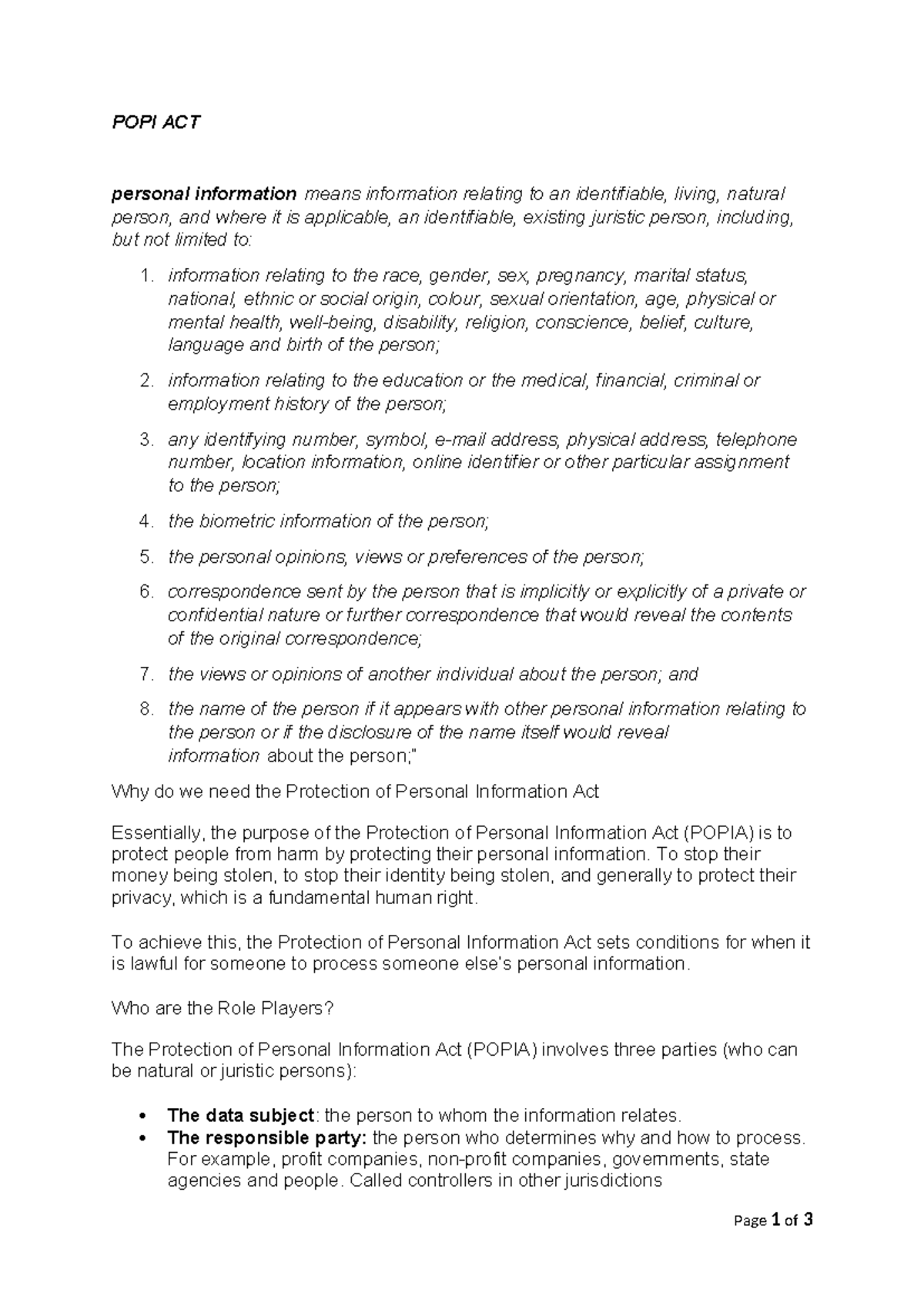 POPI ACT Summary - act - POPI ACT personal information means ...