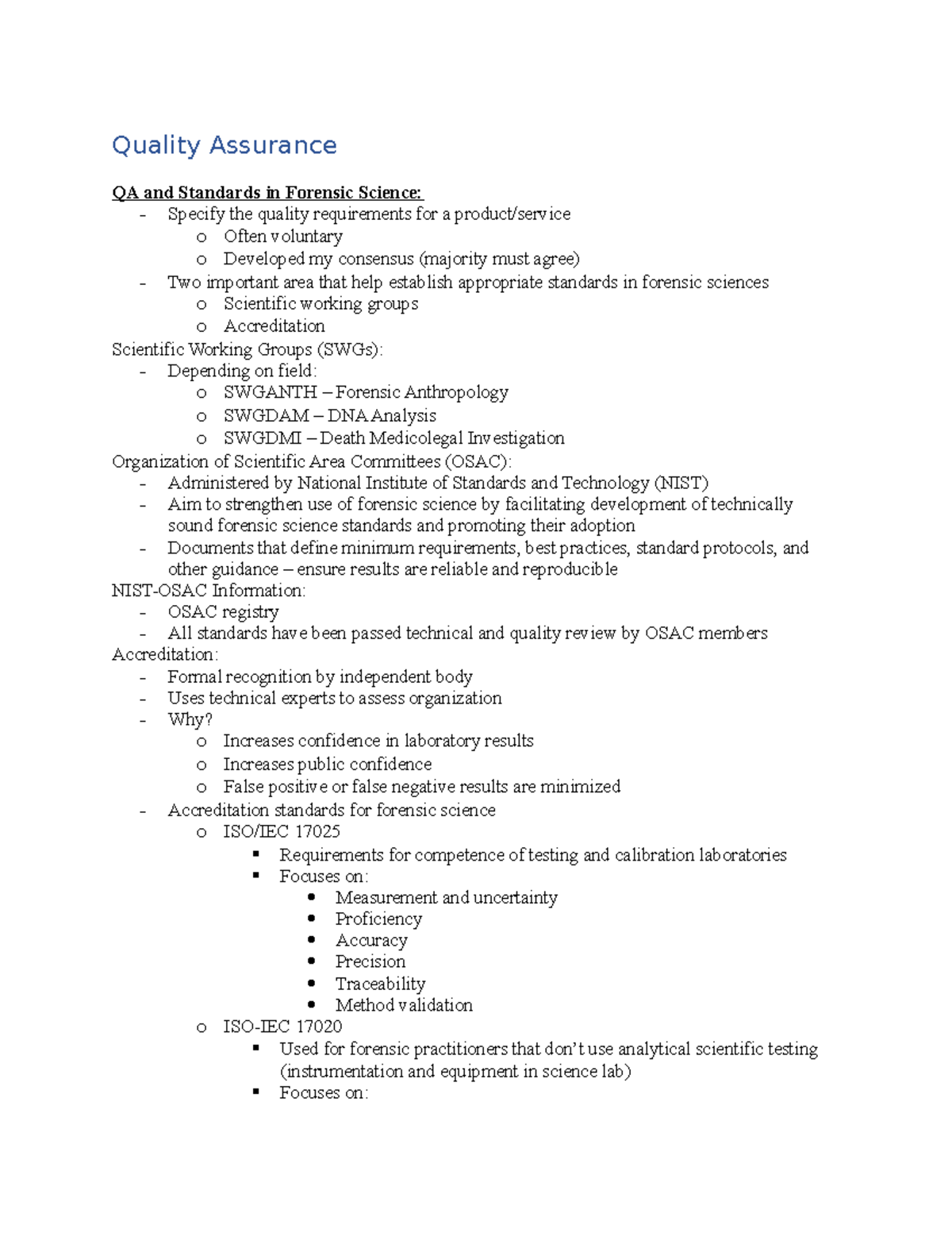 Quality Assurance Lecture And Slide Notes Quality Assurance Qa And Standards In Forensic