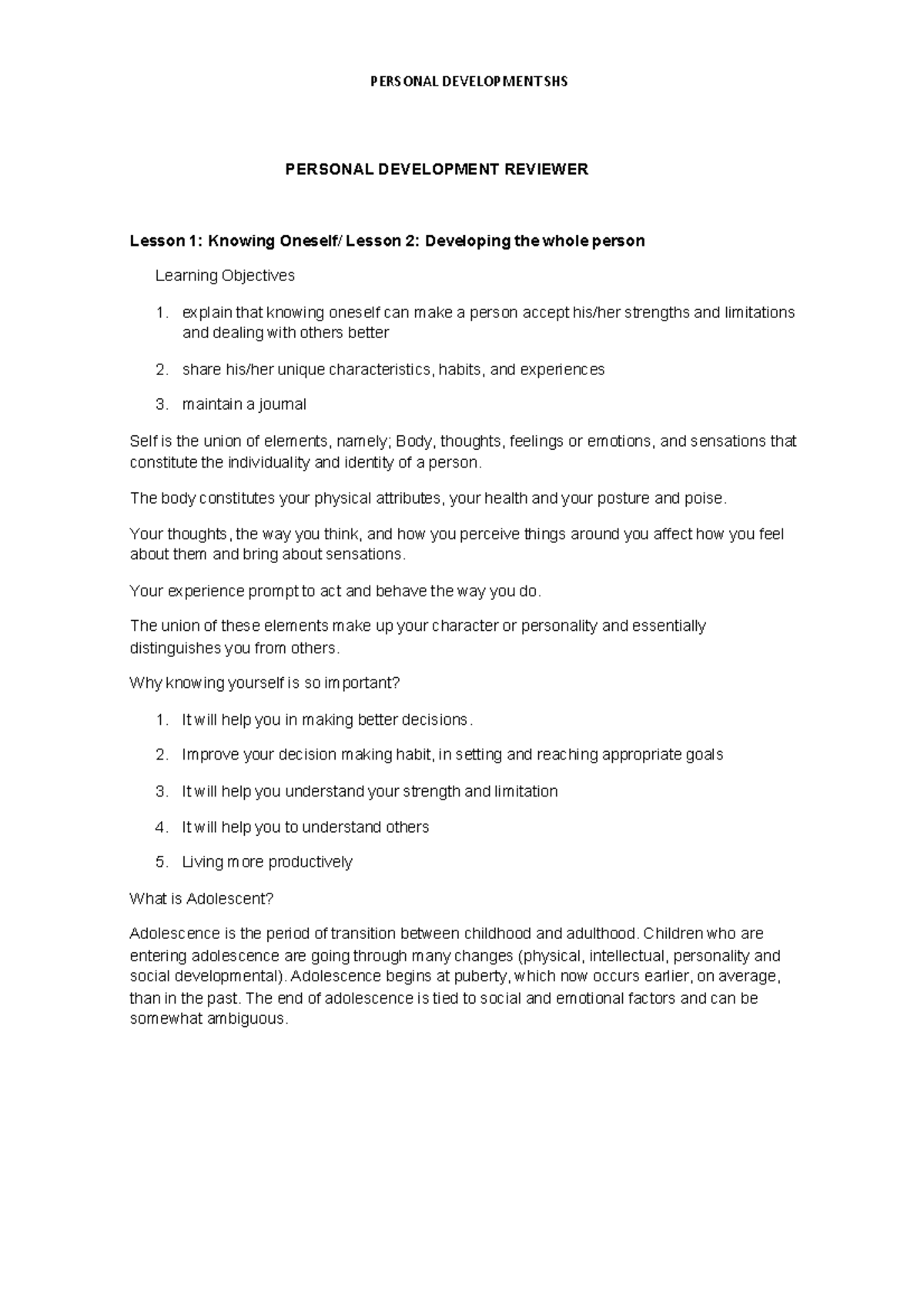 Personality Development Reviewer - PERSONAL DEVELOPMENT REVIEWER Lesson ...