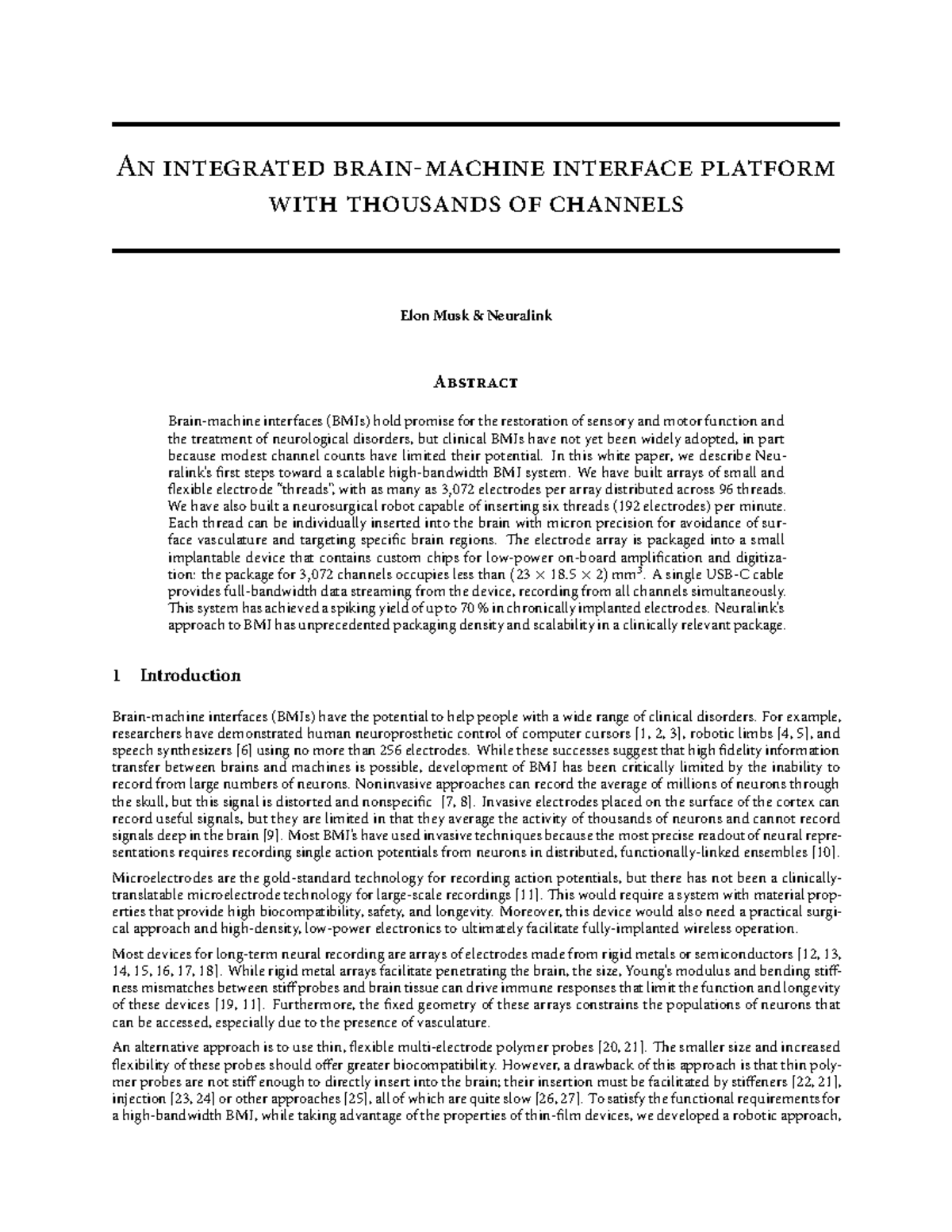 Elon Musk paper BMI - An integrated brain-machine interface platform ...