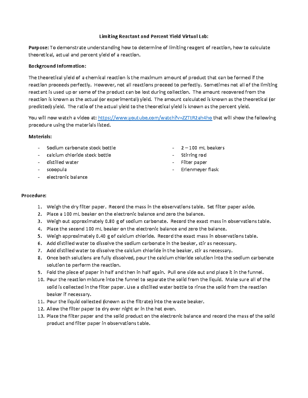 Limiting Reactant and Percent Yield Calcium Carbonate Virtual Lab ...