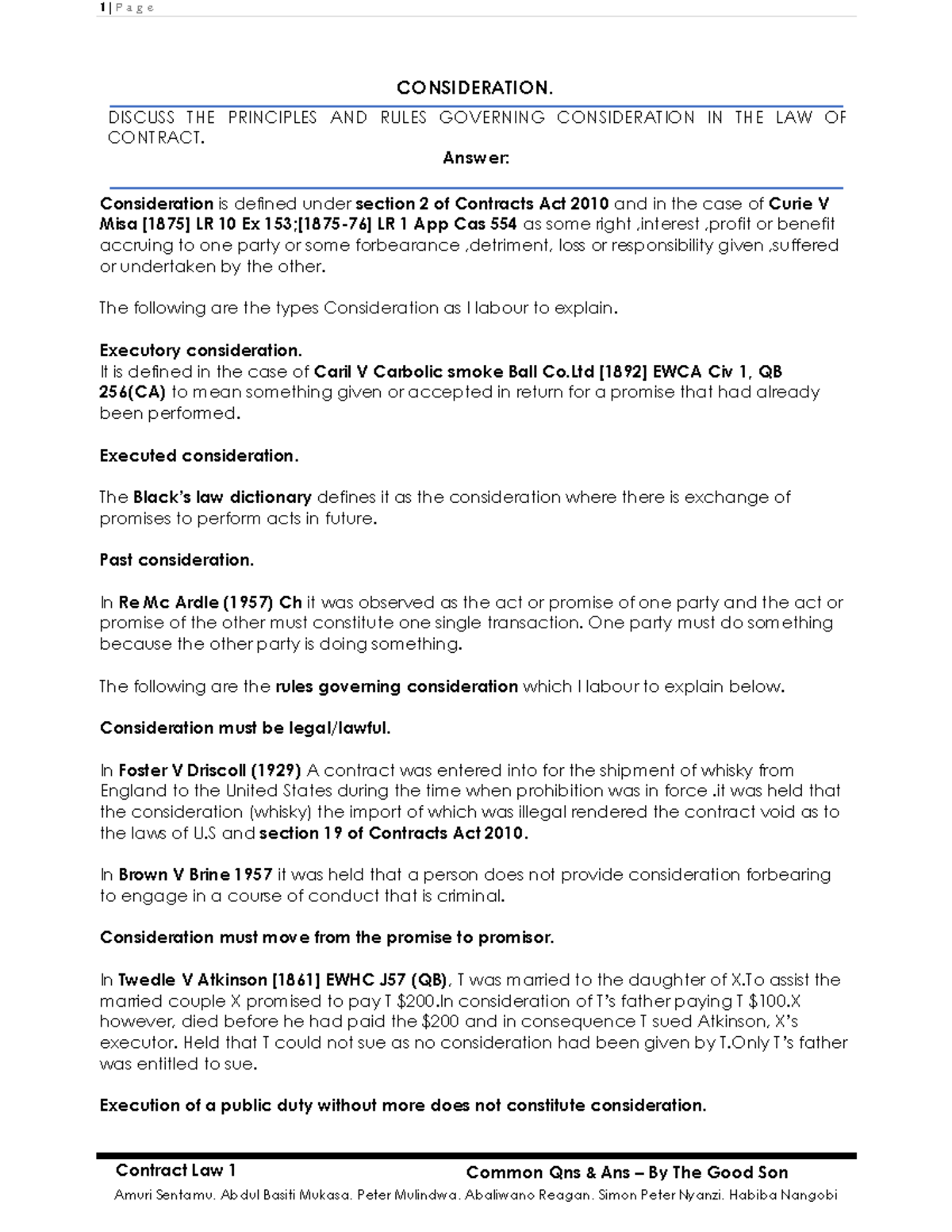 Contract 1 Final - Contract Law 1 Common Qns & Ans – By The Good Son ...