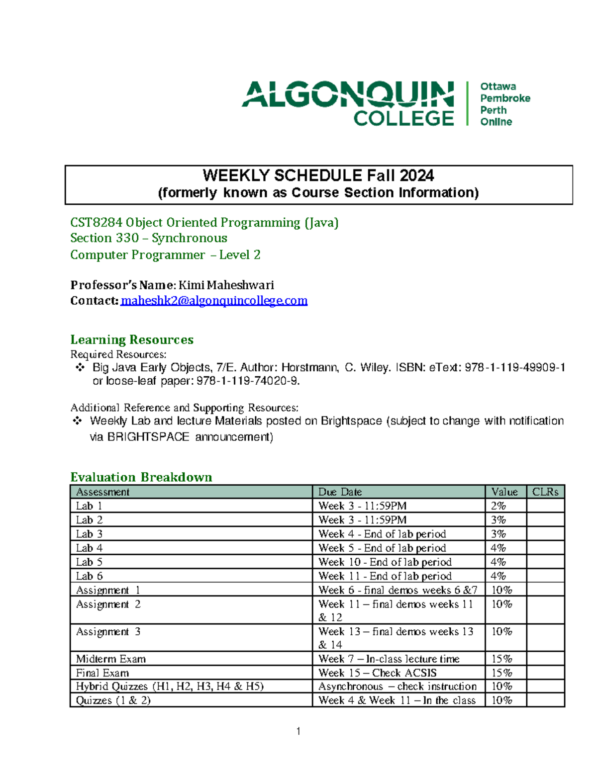 24F - Weekly Schedule - CST 8284 - USE - 1 WEEKLY SCHEDULE Fall 202 4 ...