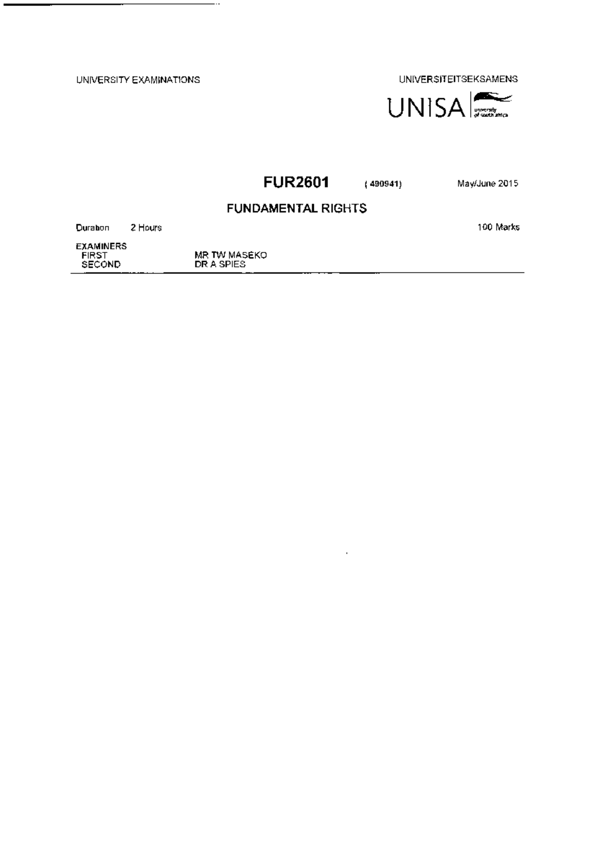 FUR2601 Exam May Jun 2015 1 - FUR2601 - Studocu