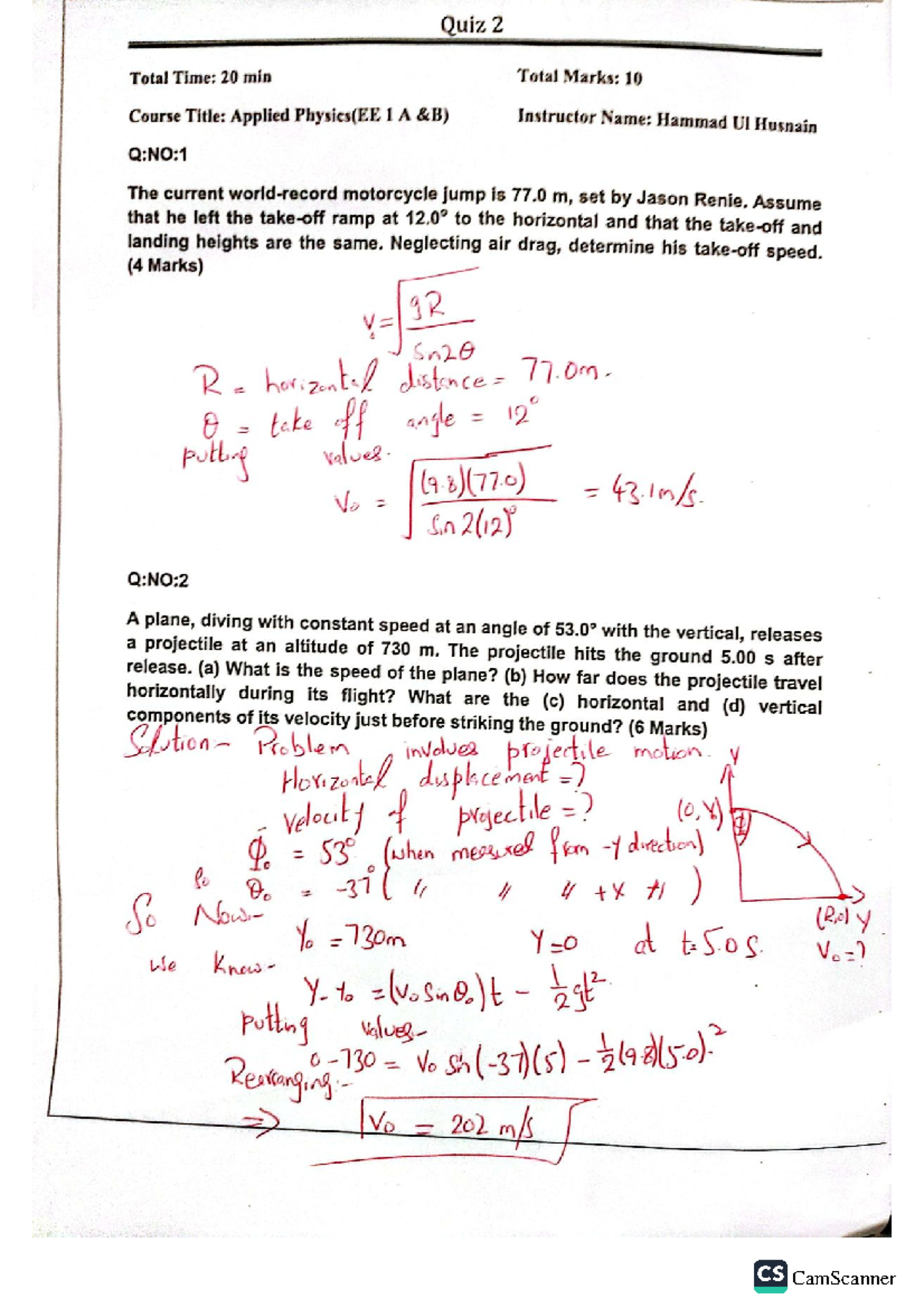 Quiz 2 Solution - Physics - CamScanner CamScanner - Studocu