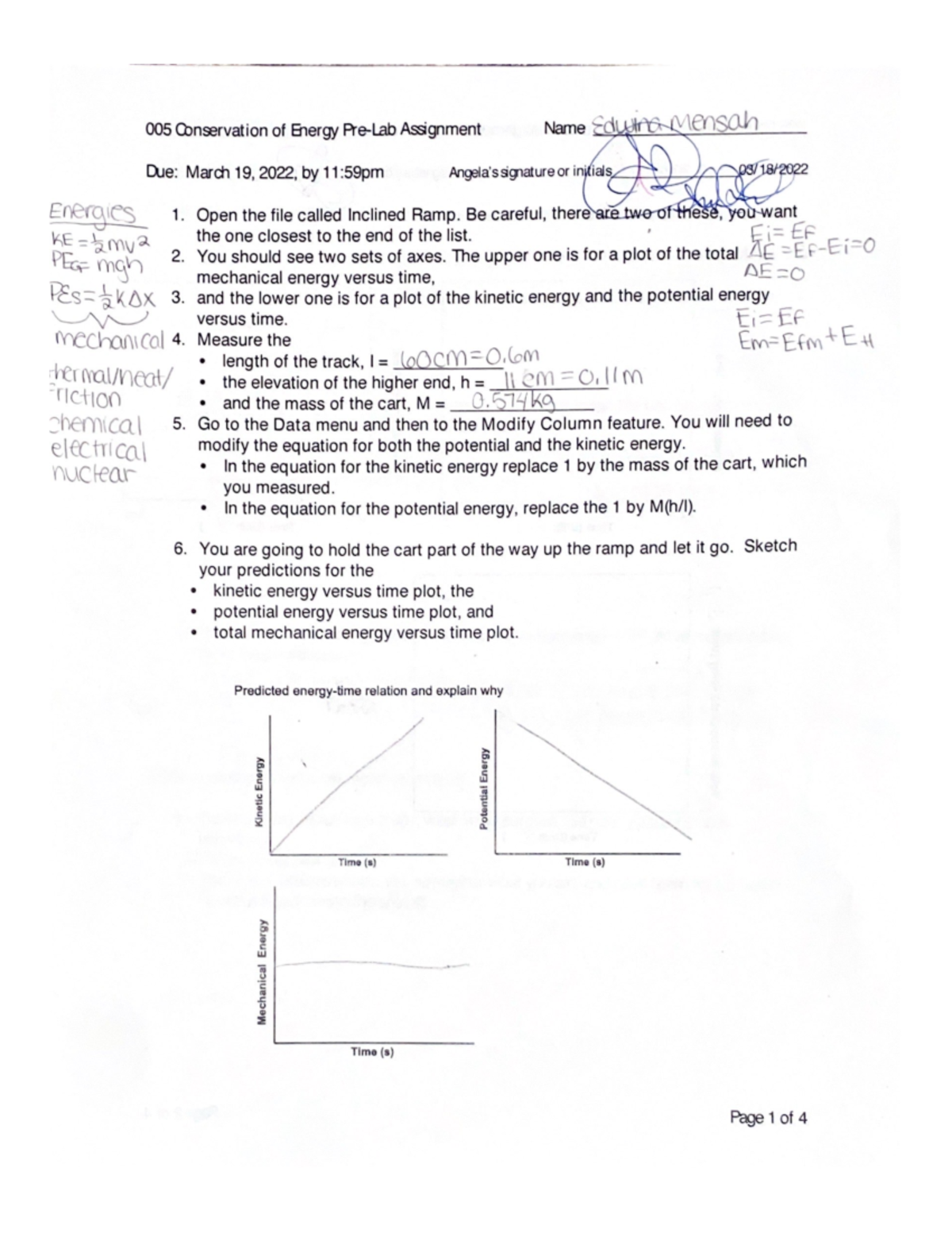 005 Conservation of Energy Pre-Lab Assignment - PHYS 110.LB - Hunter ...