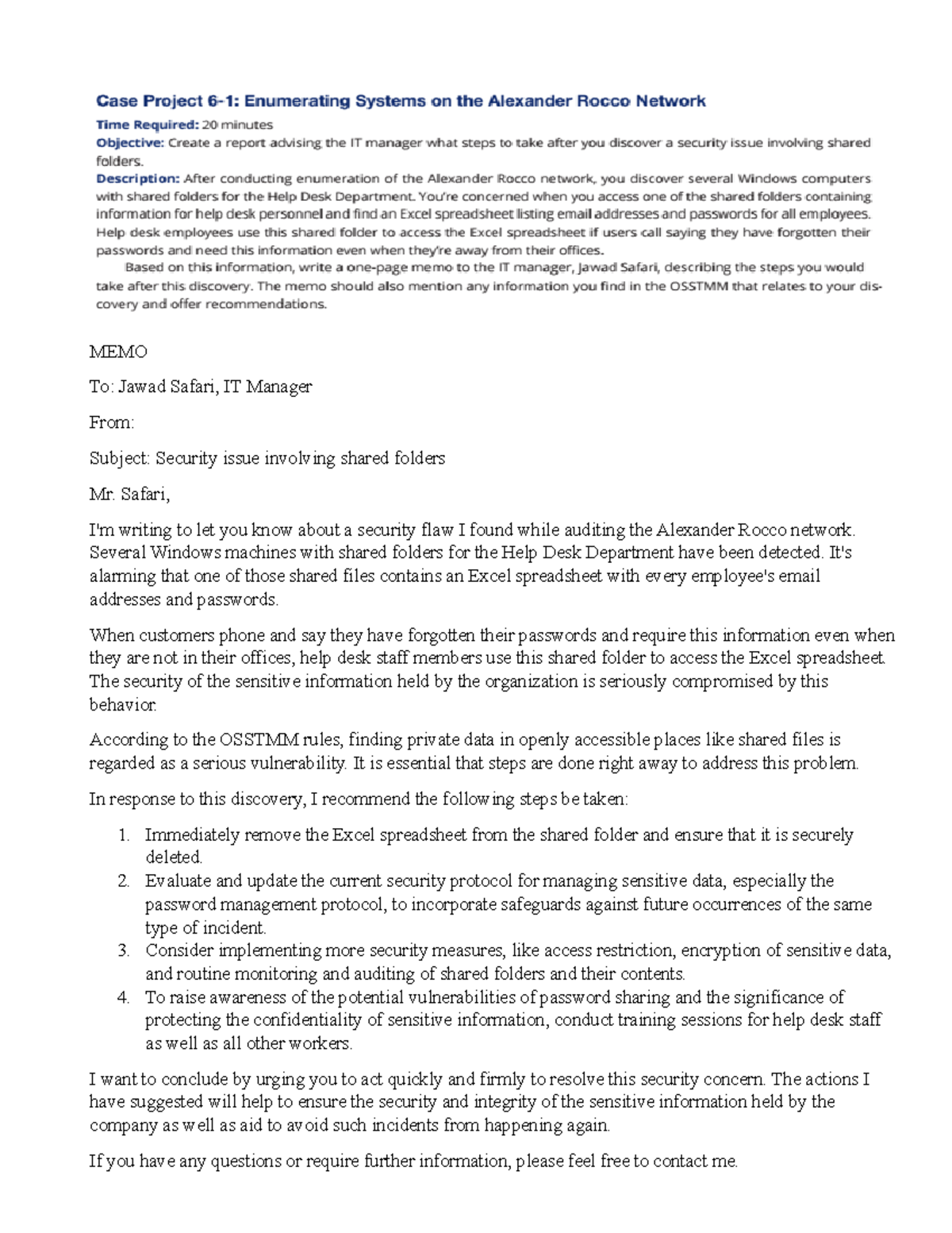 Module 6-1 Case Project - MEMO To: Jawad Safari, IT Manager From ...