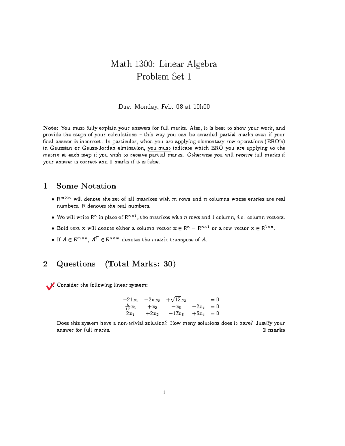 Problem Set 1 Winter 2021 Math 1300 UofM - Math 1300: Linear Algebra ...