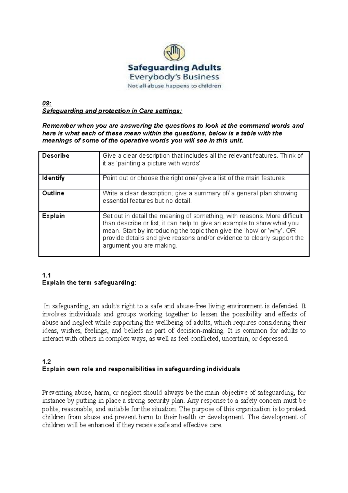 9Writtenquestions - 09: Safeguarding and protection in Care settings ...