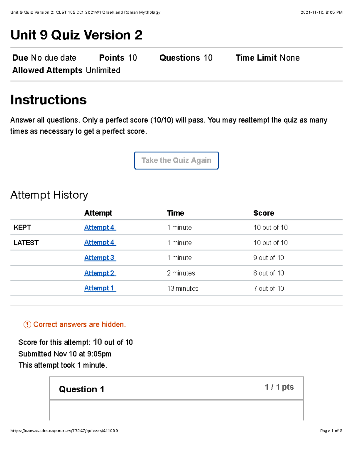 Unit 9 Quiz Version 2: CLST 105 001 2021W1 Greek and Roman Mythology ...