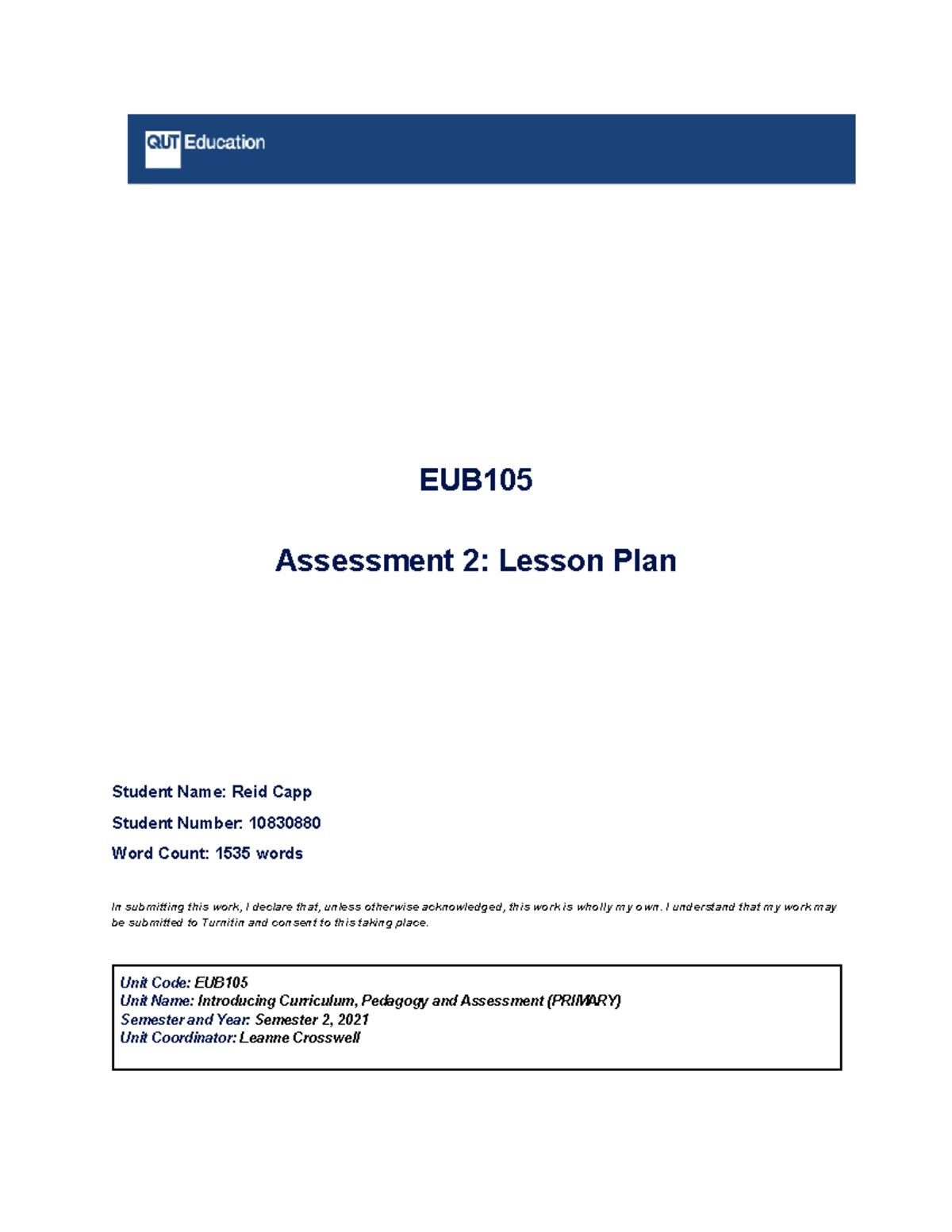 EUB105 Assessment 2 Lesson Plan - EUB Assessment 2: Lesson Plan Student ...
